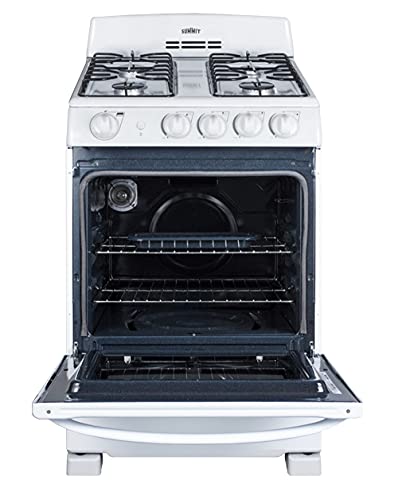Summit RG244WS 24"" Freestanding Gas Range with 2.9 cu. ft. Oven Capacity Electronic Ignition High Backguard Broiler Drawer Continuous Grates and Safety Brake System for Oven Racks in White