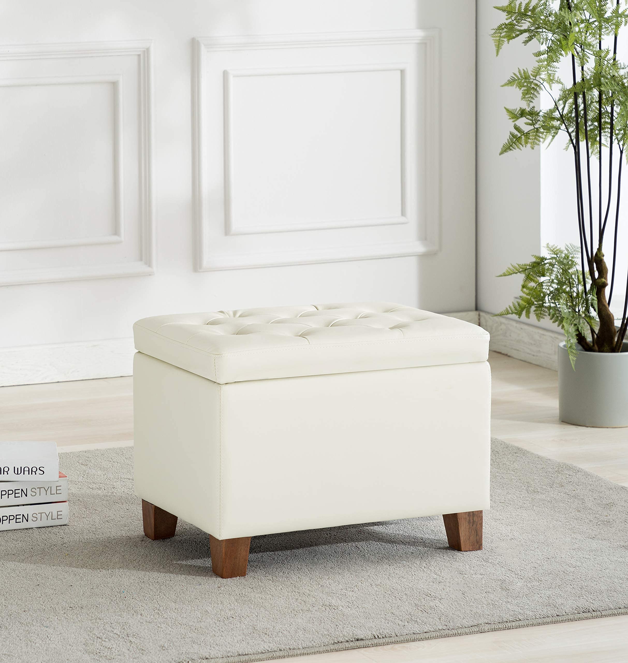 Wovenbyrd Classic 24-Inch Wide Rectangular Tufted Storage Ottoman Footstool with Hinged Lid, Cream Faux Leather