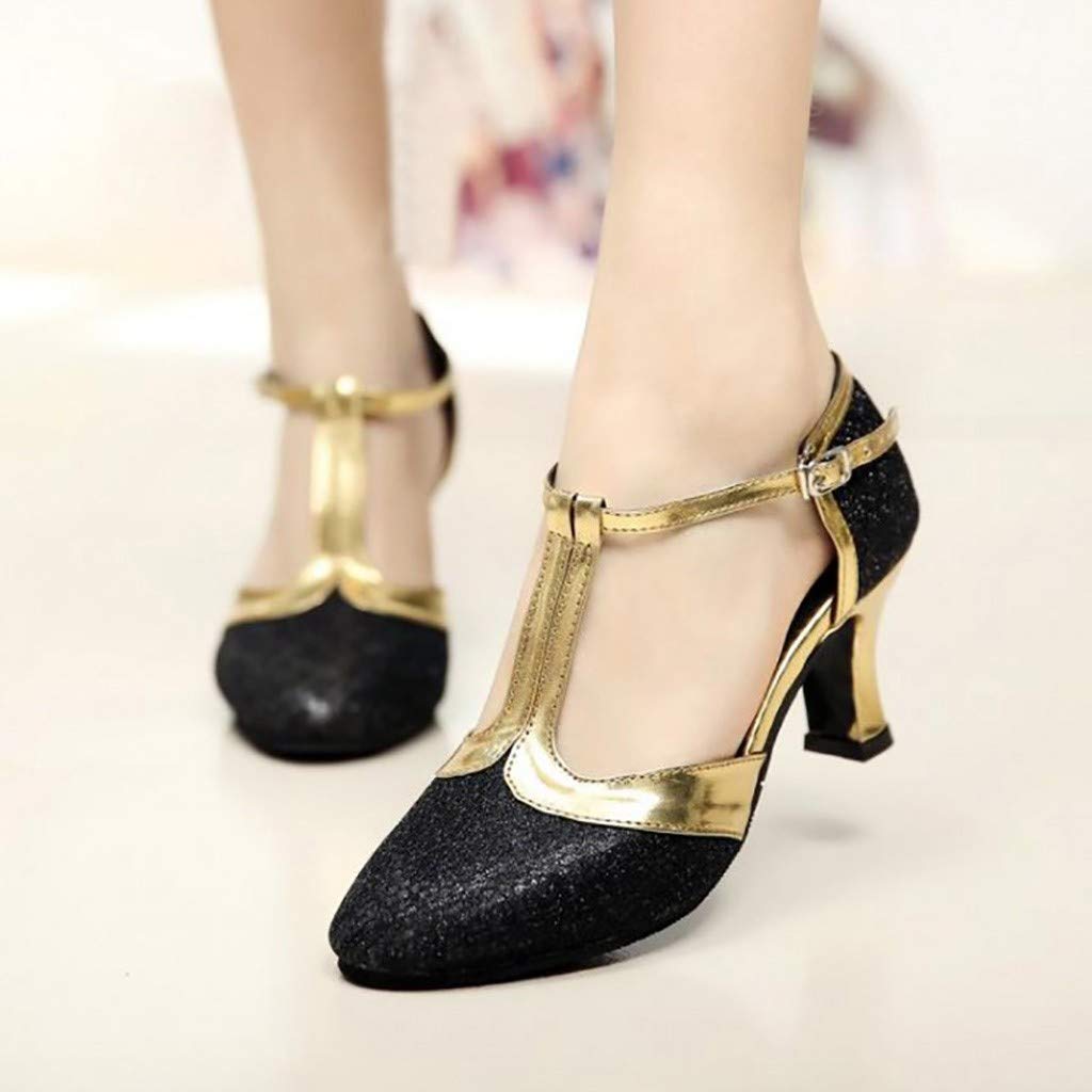 Women's Ballroom Tango Latin Salsa Dancing Shoes Sequins Shoes Social Dance Shoe Teal Heels Women Wedding (Black, 7.5)