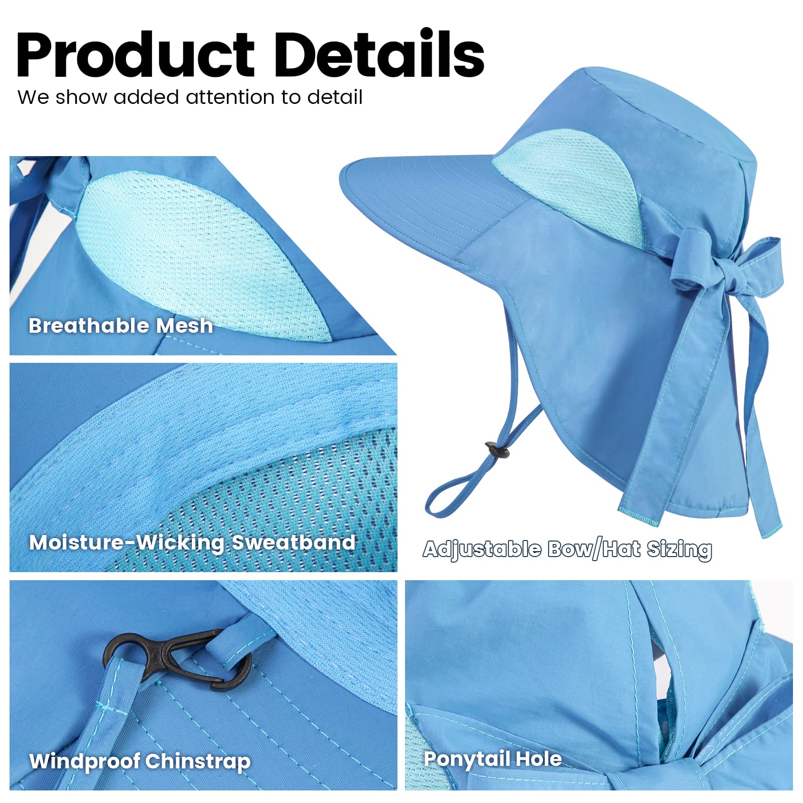 Sun Hats for Women Foldable Flap Cover UPF 50+ UV Protective Wide Brim Bucket Sun Hat Khaki