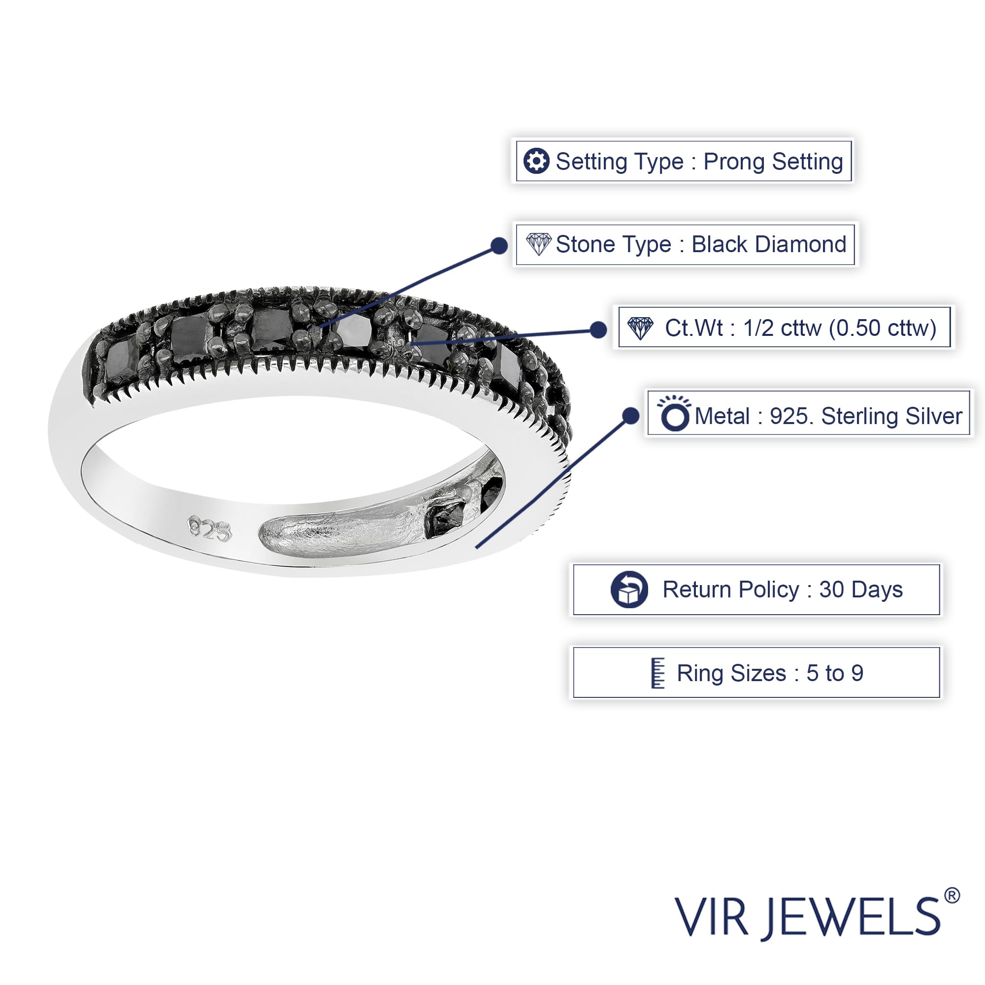 Vir Jewels 1/2 cttw Princess Cut Black Diamond Wedding Band .925 Sterling Silver Rhodium Size 8