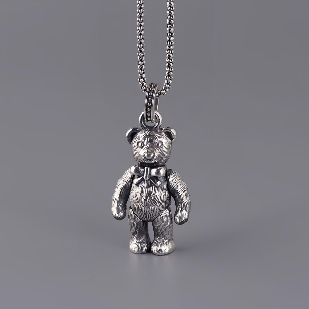 Vintage Black 925 Sterling Silver Articulated Teddy Bear Pendant for Men Women