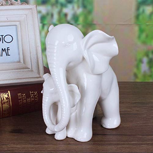 Sun Shade White Ceramic Elephant Mother and Baby Elephant Hand in Hand high-Gloss and Fully Glazed Handicraft/White Porcelain Home Decoration Statue