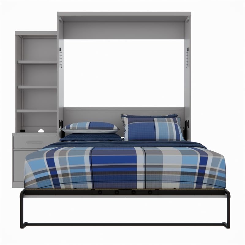 RoomAndLoft Brentwood Queen Contemporary Solid Wood Murphy Wall Bed and Shelf Storage with Drawers in Gray
