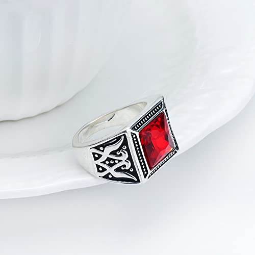 yihan jewelry Unisex Retro Square Diamond Cut Face Red Crystal Band Ring Antique Silver Plated Vintage Patterns Gem Joint Rings Valentine's Day gift (10)
