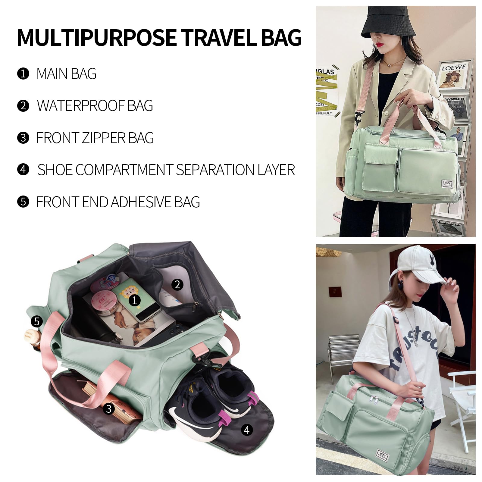 Travel Duffel Tote Bag with Dry Wet Separation Pocket, Weekender Bag for Women and Men,Waterproof Bag with Shoe Compartment Lightweight and Easy Carry on Green