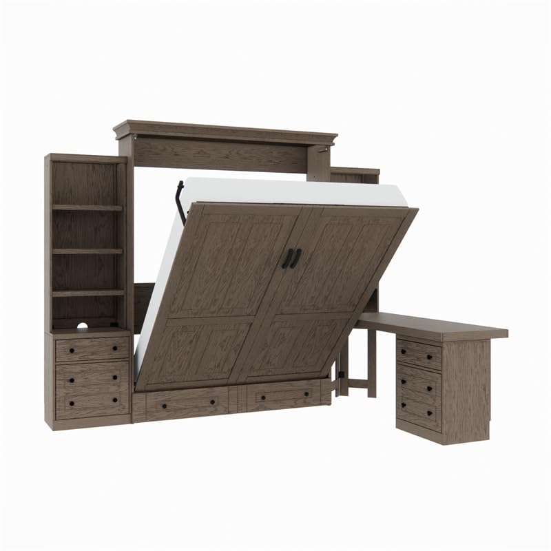 RoomAndLoft Windsor Queen Solid Wood Murphy Wall Bed and Two Shelf Storage Units with Single Side Desk and Drawers in Gray