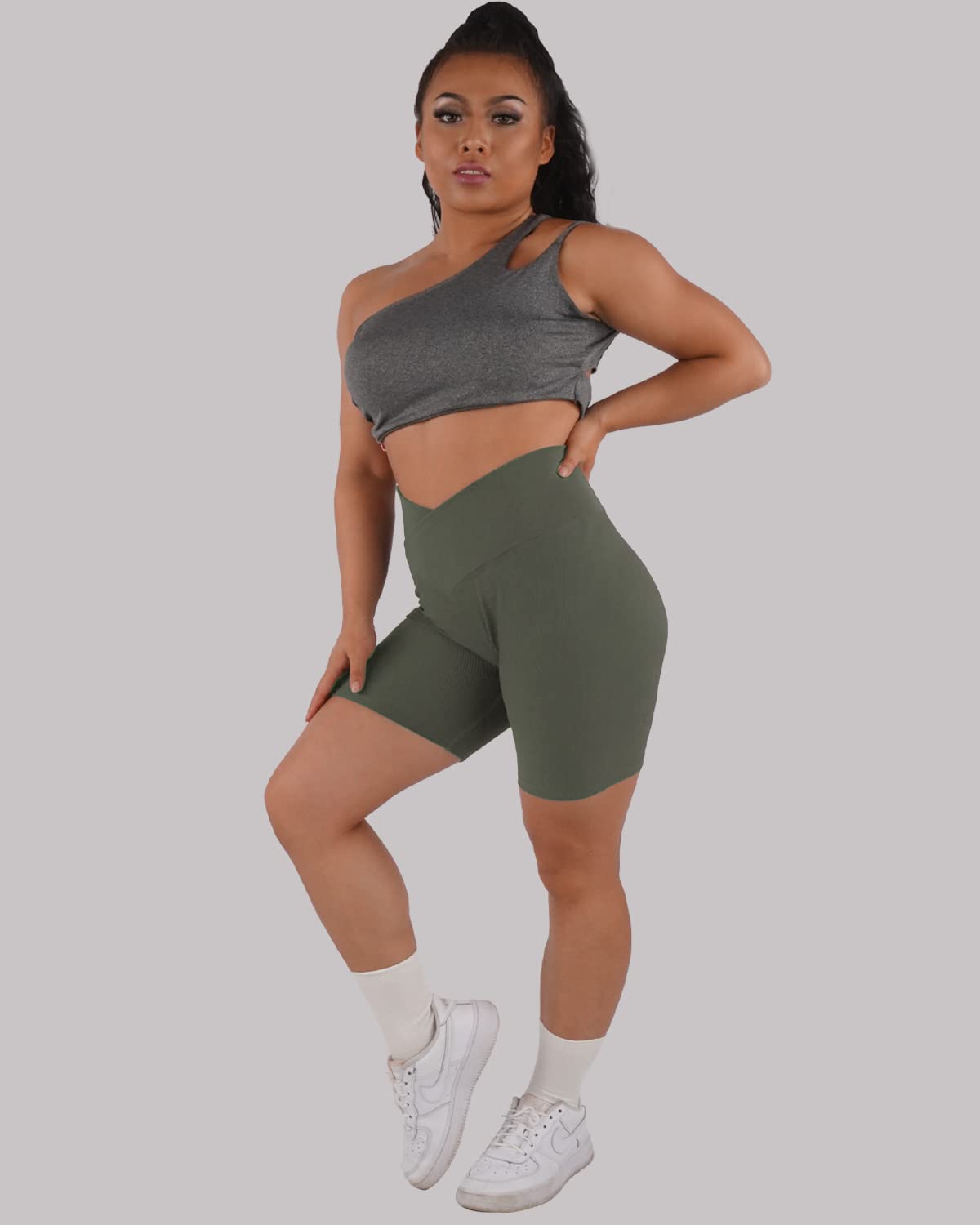 Womens 5" Crossover Workout Shorts High Waisted Ribbed Butt Lift Biker Running Compression Yoga Shorts Black