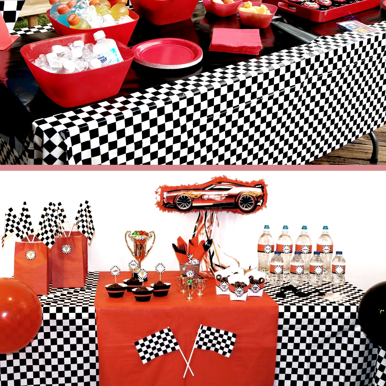 Teruntrue 10 Packs Black Checkered Plastic Tablecloth 54"x108"Black and White Checkered Table Cover Disposable Racing Table Cloth Will Cover Any Table up to 8 ft for Weddings Birthday Party Décor