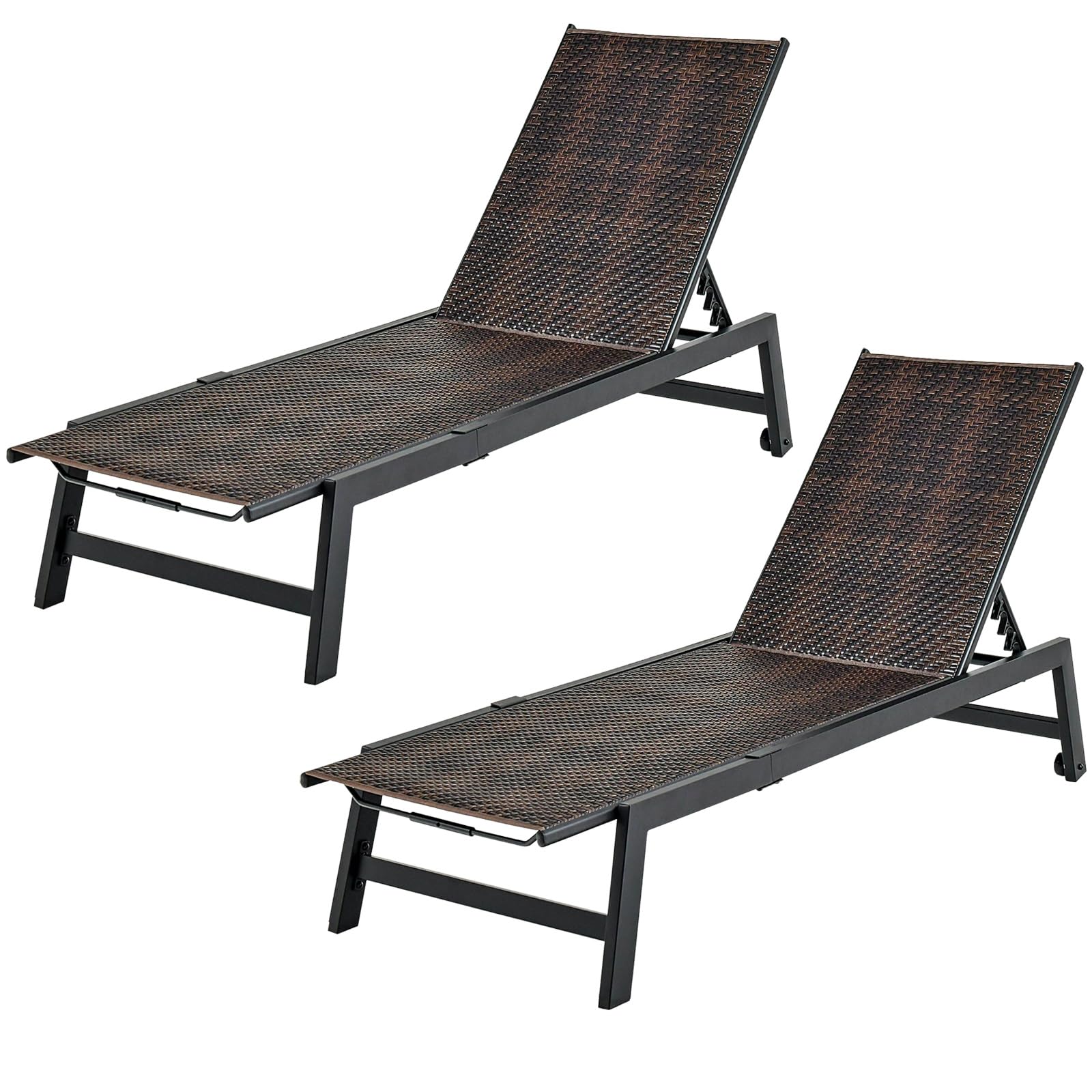 Tangkula Patio PE Rattan Chaise Lounge, Outdoor Recliner w/ 5-Level Backrest, Heavy-Duty Galvanized Steel Frame, Convenient Wheels, Patio Reclining Chair for Backyard, Poolside (2)