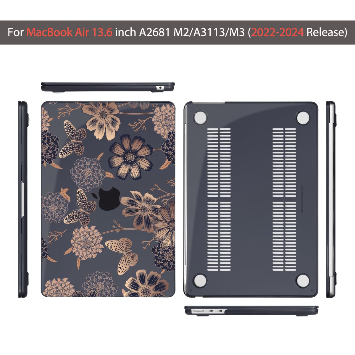 Teryeefi for MacBook Air M2 M3 13.6 Case 2022 2023 2024 Release A2681 A3113, Clear Hard Shell with Keyboard Cover & USB 3.0 Adapter & Screen Protector, Gold Floral Butterfly