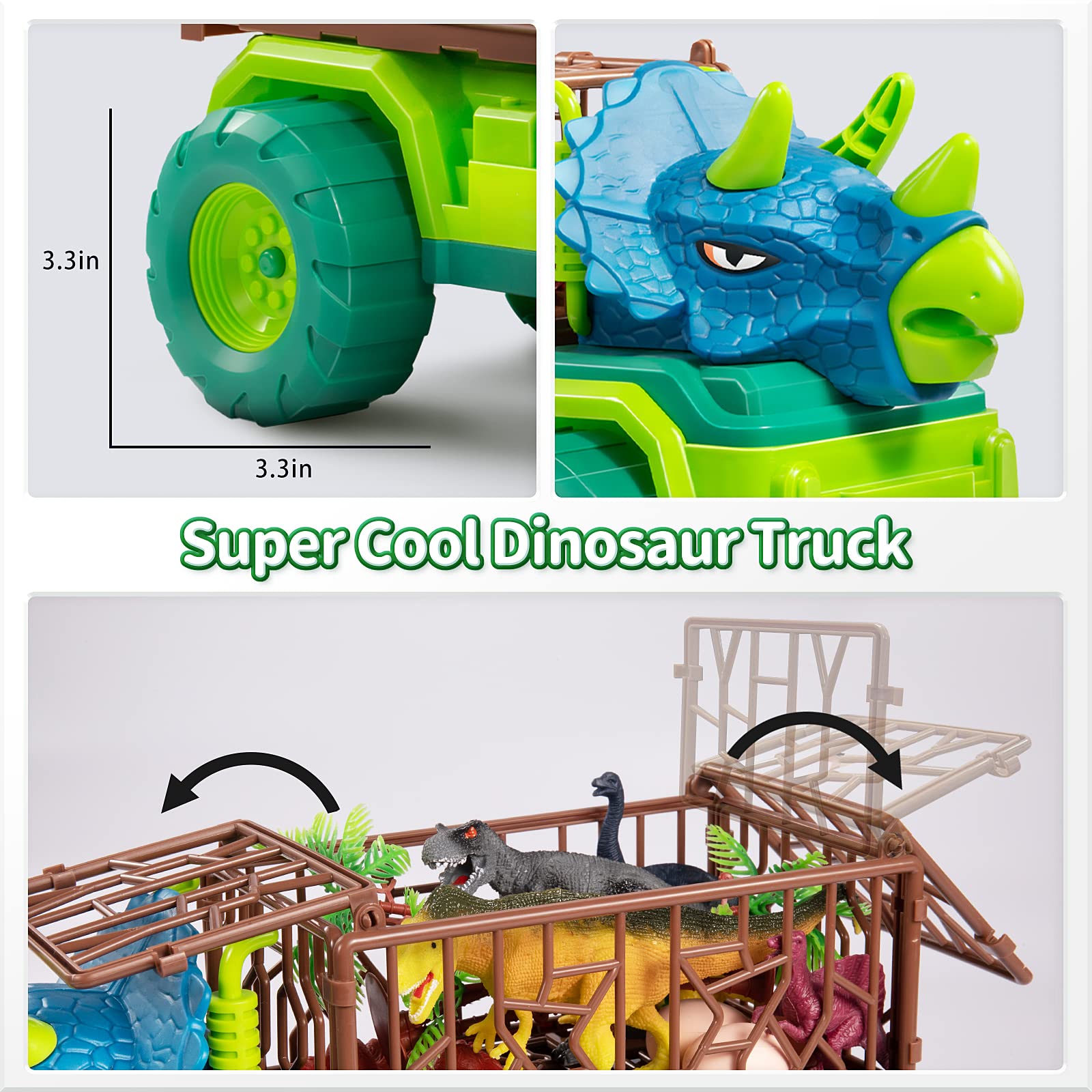 TEMI Dinosaur Truck Toy for Kids 3-5 Years, Triceratops Transport Car Carrier with 8 Dino Figures, Activity Play Mat, Dino Eggs and Trees, Capture Jurassic Dinosaurs Play Set for Boys and Girls