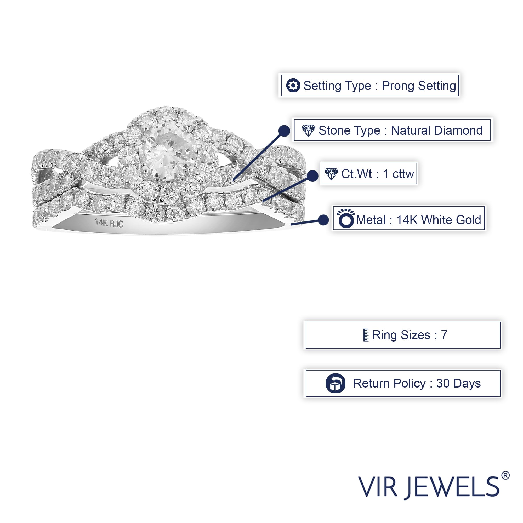 Vir Jewels 1 cttw Diamond Halo Criss-Cross Wedding Engagement Ring Set 14K White Gold Size 8
