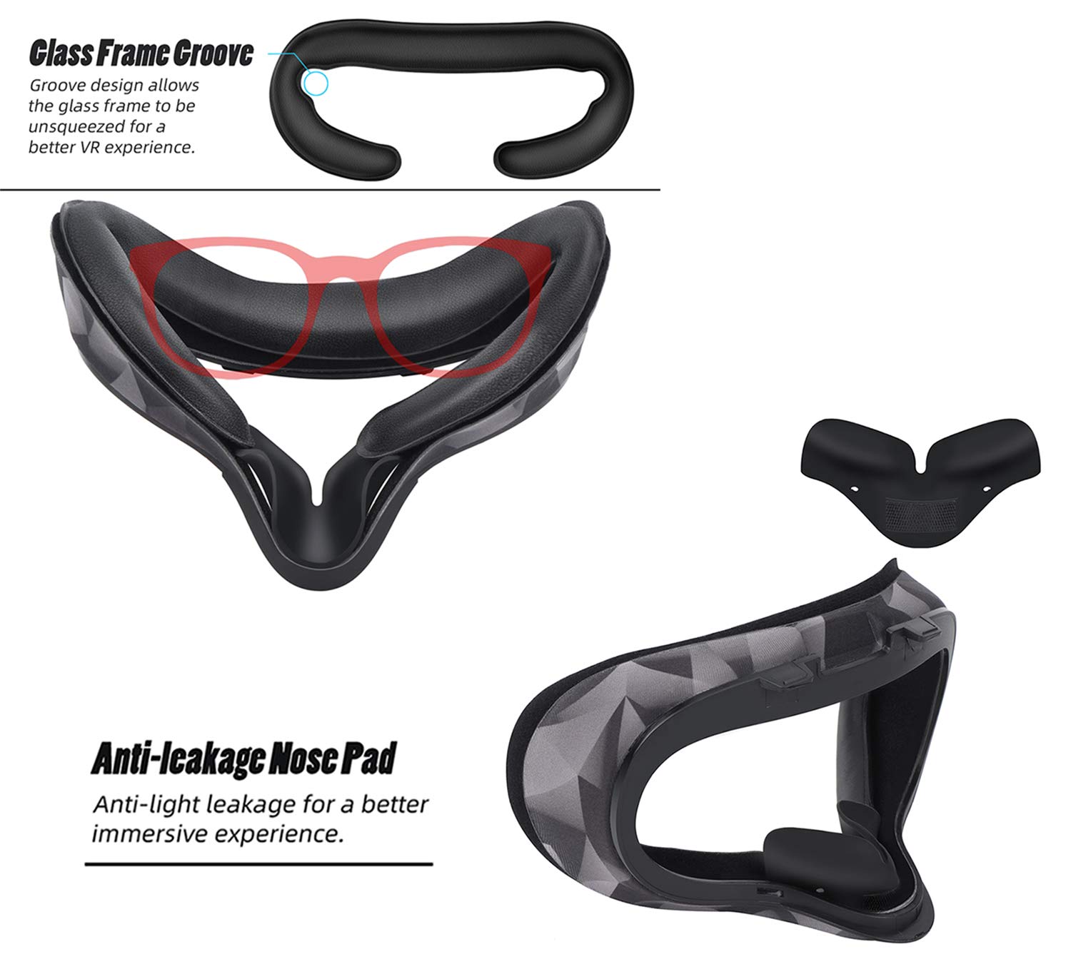 VR Facial Interface Bracket & PU Leather Foam Face Cover Pad Replacement & Anti-Leakage Nose Pad & Protective Lens Cover Comfort 5In1 Set Accessories for Oculus Quest 1 (Not Fit Quest 2)