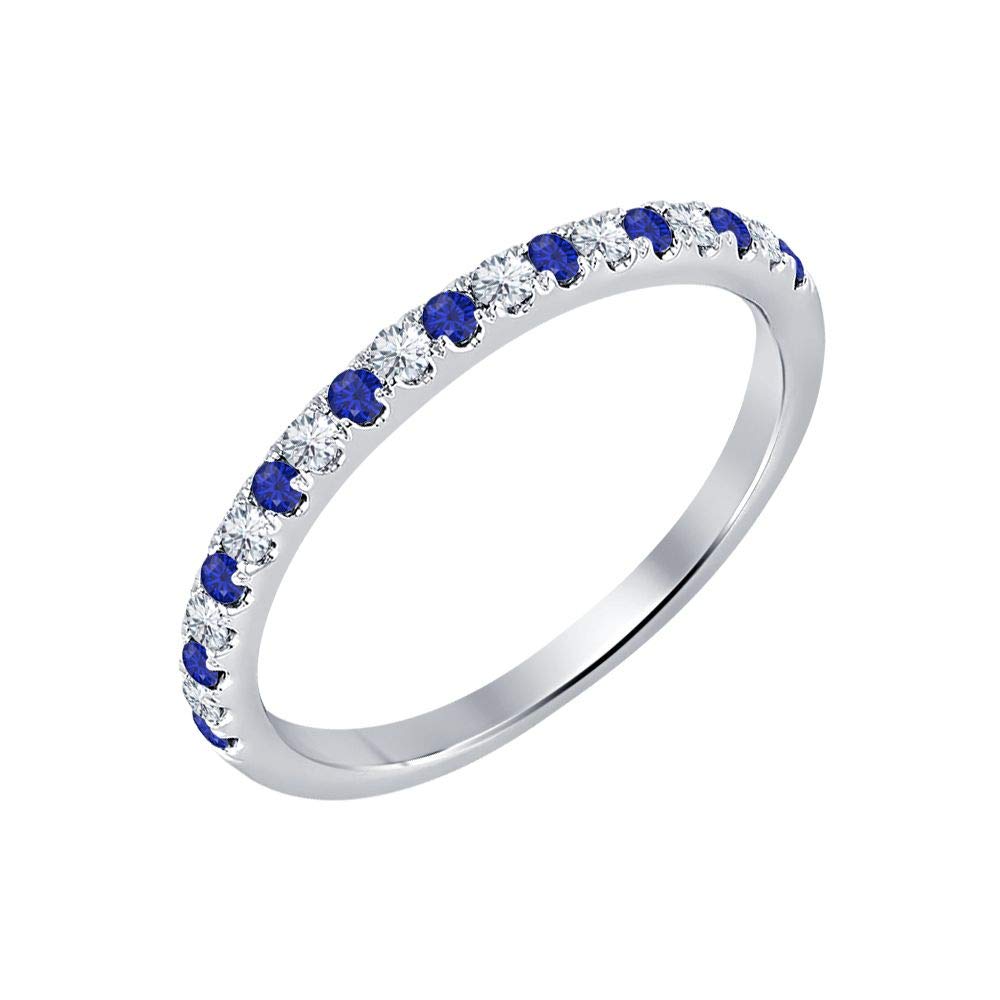 tusakha Round Cut Blue Sapphire & Diamond Half Eternity 18k White Gold Over .925 Sterling Silver Wedding Engagement Band Ring for Women