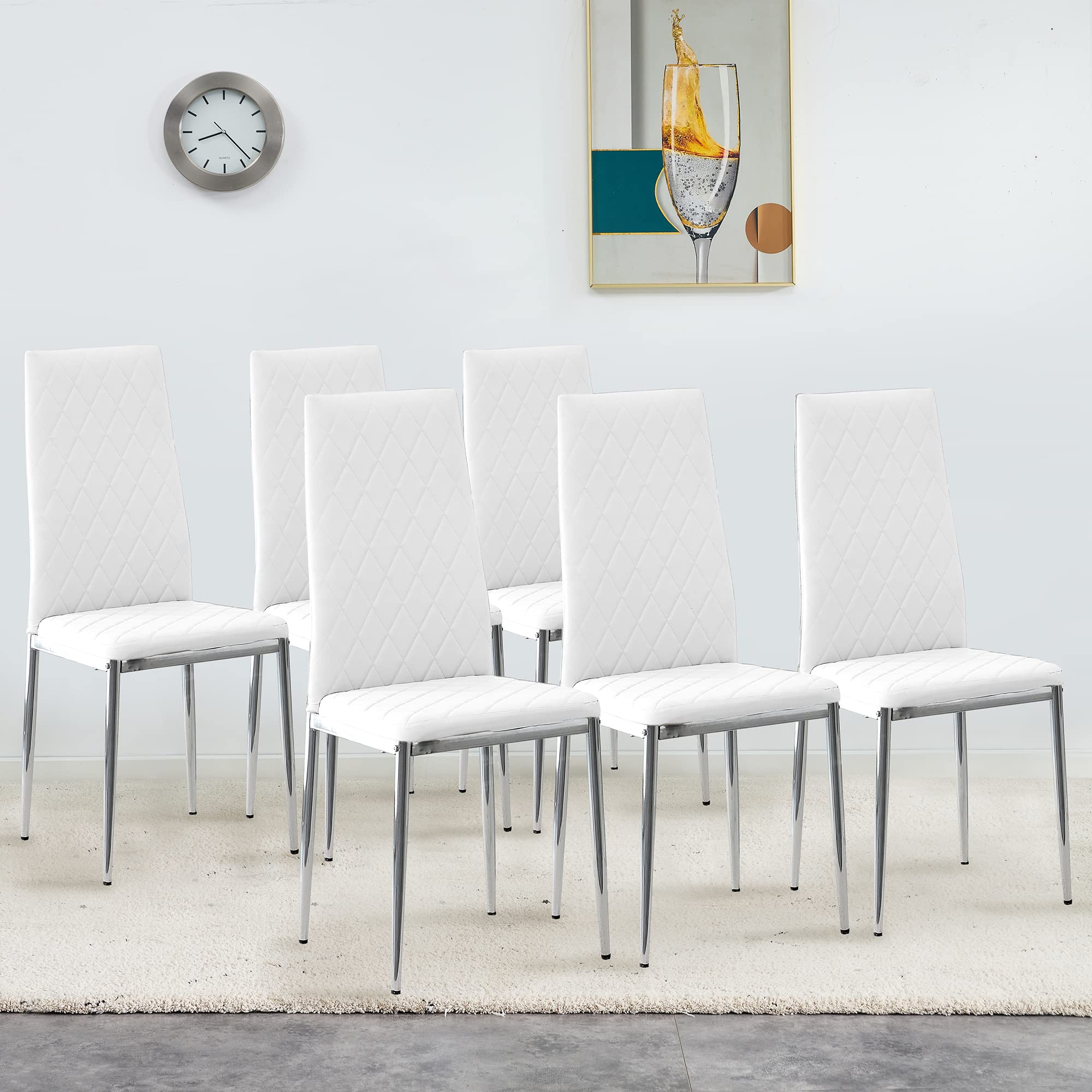 Rophefx Dining Chairs Set of 6, Modern Dining Room Chairs Upholstered Kitchen Chairs PU Leather Metal Legs High Back Side Chairs for Living Room, Kitchen, White