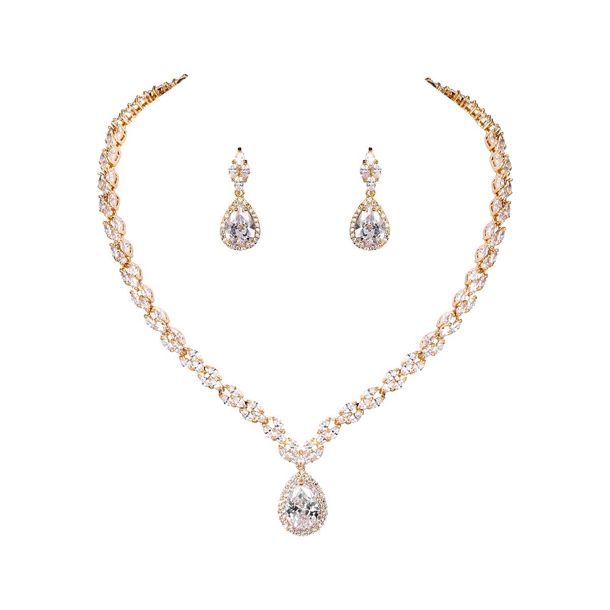 WeimanJewelry Silver/Gold Plated Women Cubic Zirconia CZ Marquise Teardrop Bridal Tennis Necklace and Drop Earring Set for Wedding Brides (Gold)