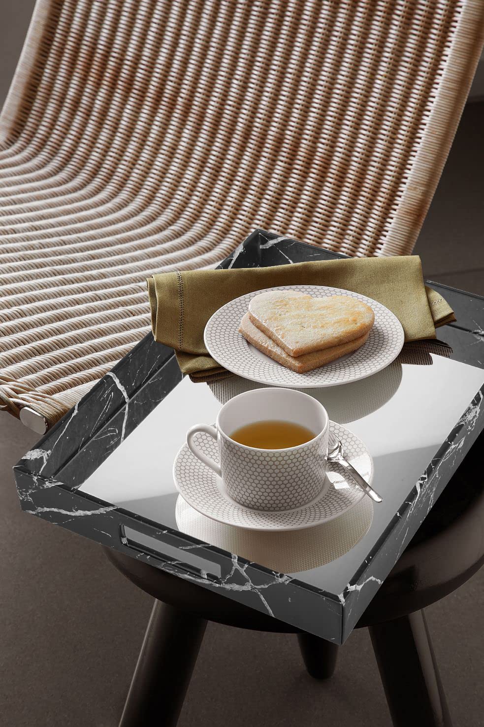 Vixdonos Decorative Serving Tray Marble Black Leather Tray Mirror Ottoman Tray with Handles for Coffee,Candle Holders,16.2'' X 12.2" X 2''