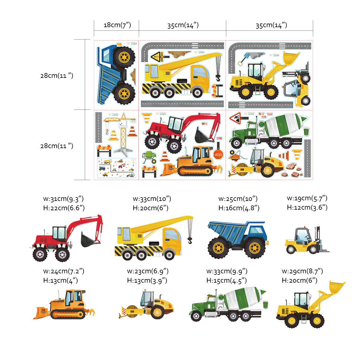 Runtoo Construction Vehicles Wall Decals Road Trucks Tractor Wall Stickers Kids Boys Bedroom Nursery Wall Décor