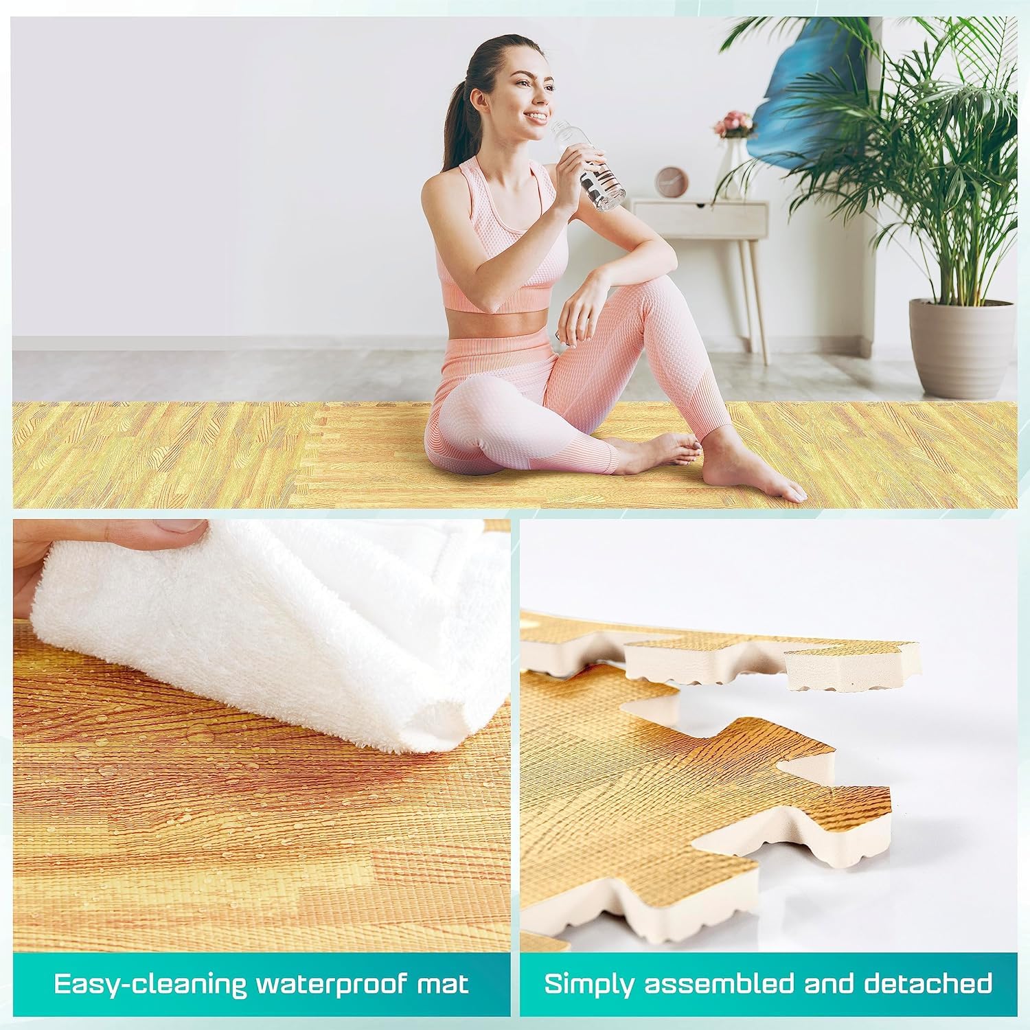 Yes4All Interlocking Floor Mats with Border – Foam, Gym Floor Mats with EVA Interlocking Tiles (12 Square Feet – Oak Wood Light – 12 Tiles)