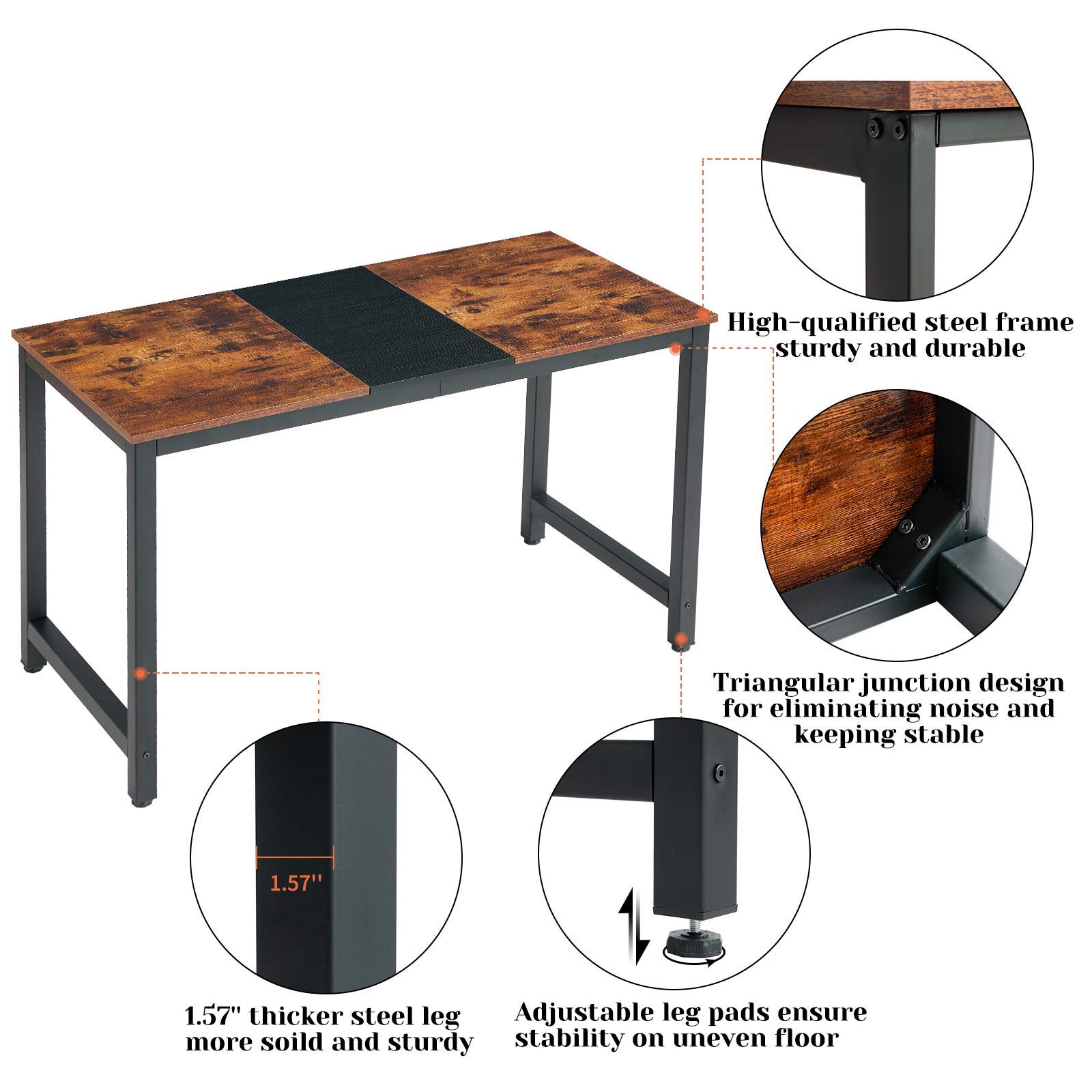 YMYNY 55 Inch Computer Desk Home Office Study Writing Desk, Industrial Simple Design PC Laptop Desk, Extra Strong Legs, Rustic Brown and Black