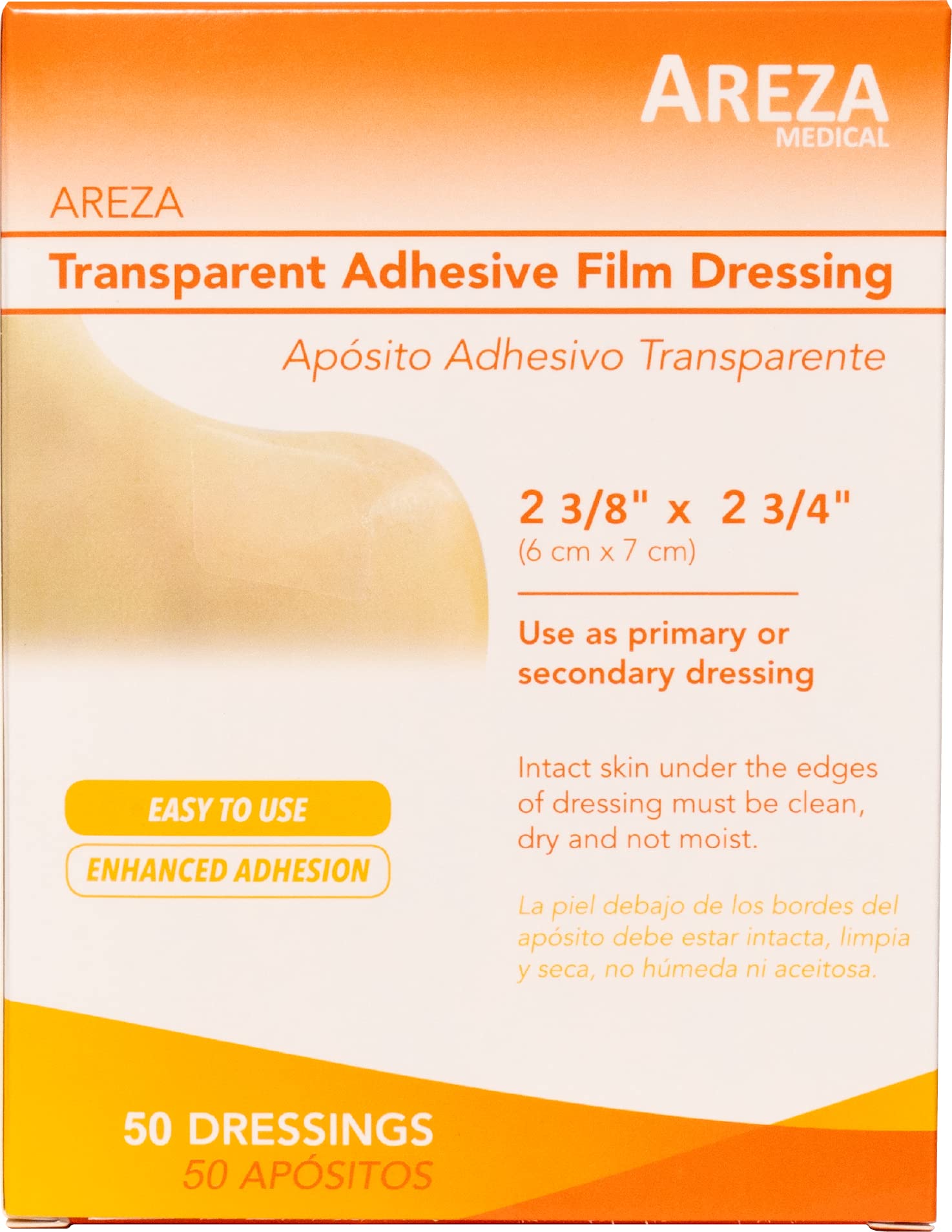 Transparent Adhesive Film Dressing 2" 3/8" X 4" 3/4" (6 cm X 7 cm) 50 Per Box (Waterproof) Upgraded Design; by Areza Medical