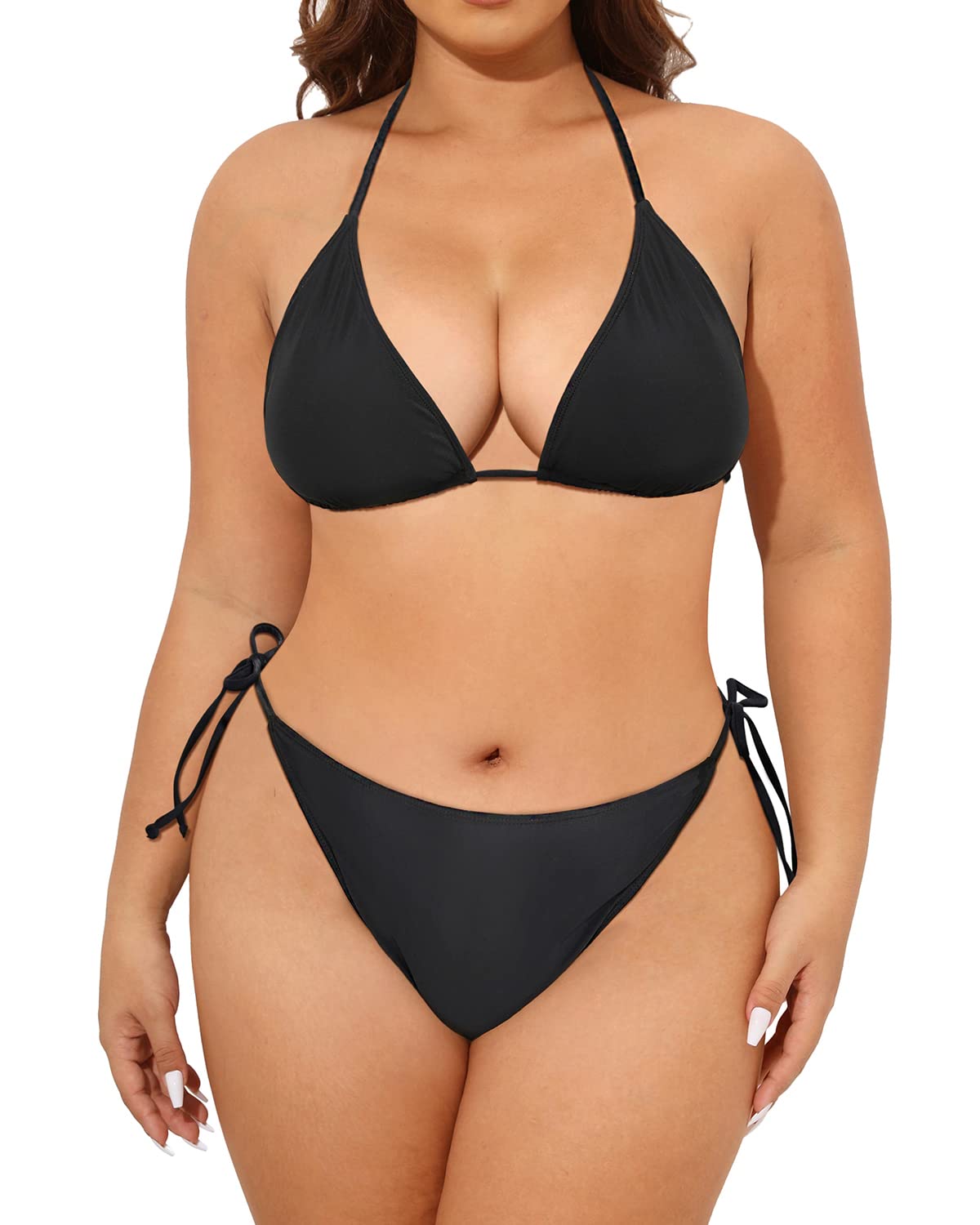 Tempt Me Women Plus Size Triangle Bikini String Two Piece Halter Tie Side Swimsuit Black 14 Plus