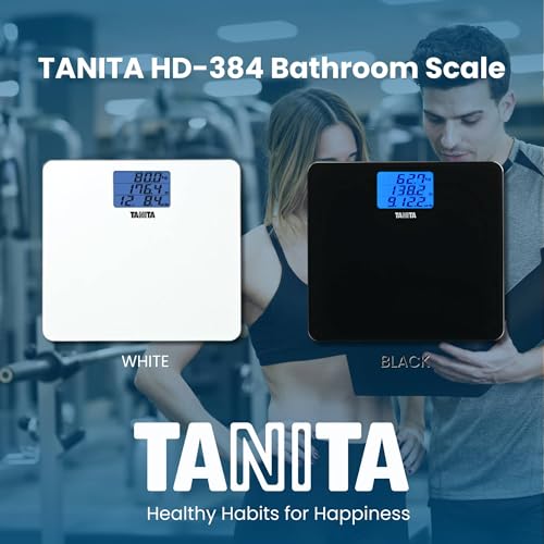 Tanita HD-384 Digital Weight Scale - 440 lbs Capacity Japan Technology Multi-Unit Display LBS, KG, Stone - Step On to Activate Bathroom Scale - with Blue Backlit LCD Display & Tempered Glass (White)