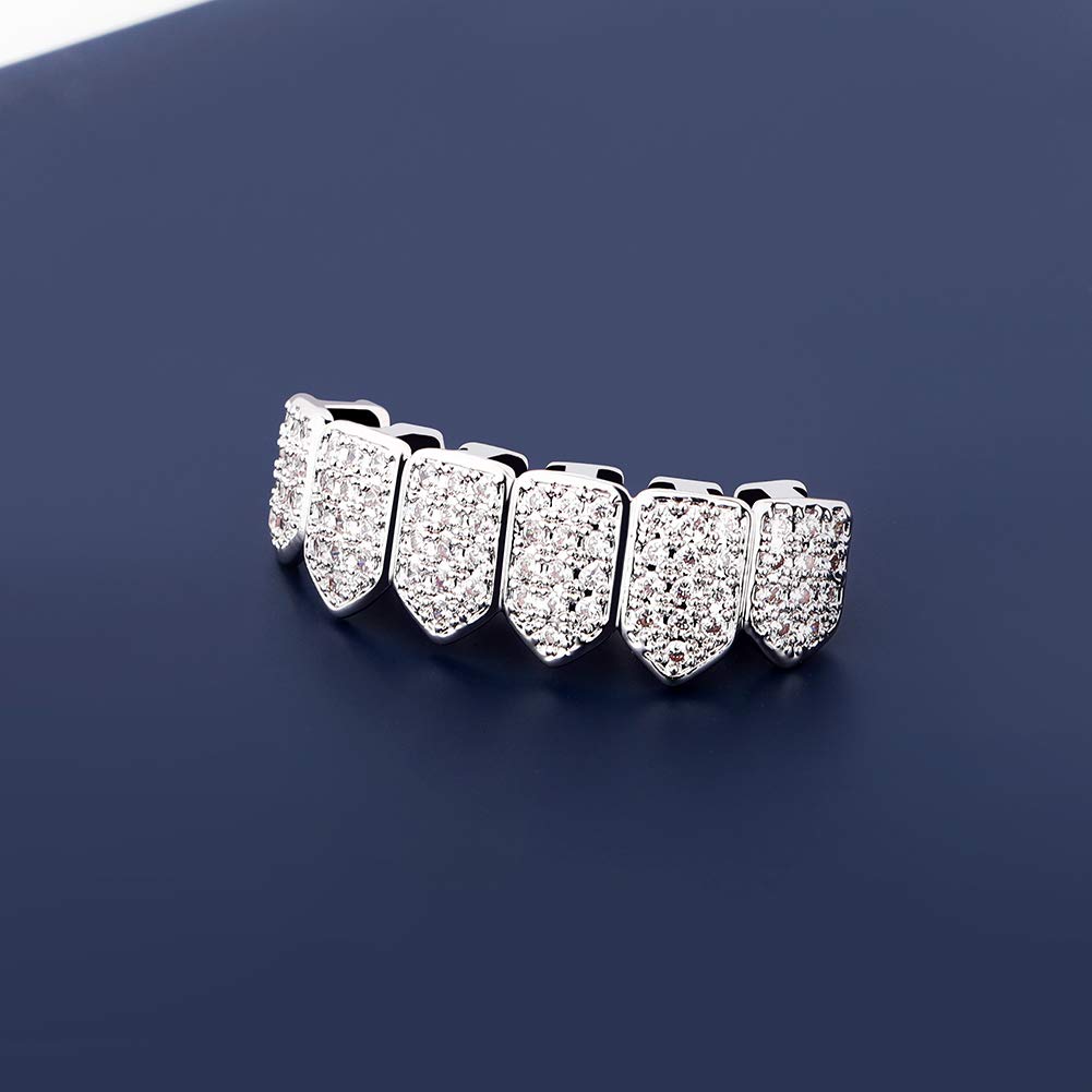 TOPGRILLZ Bottom Grills for Your Teeth Vampire Teeth Gold Diamond Grillz Teeth Iced out 18K Gold Plated Hip Hop Rapper Costume Extra Molding Bars(Silver 6 Teeth Bottom)