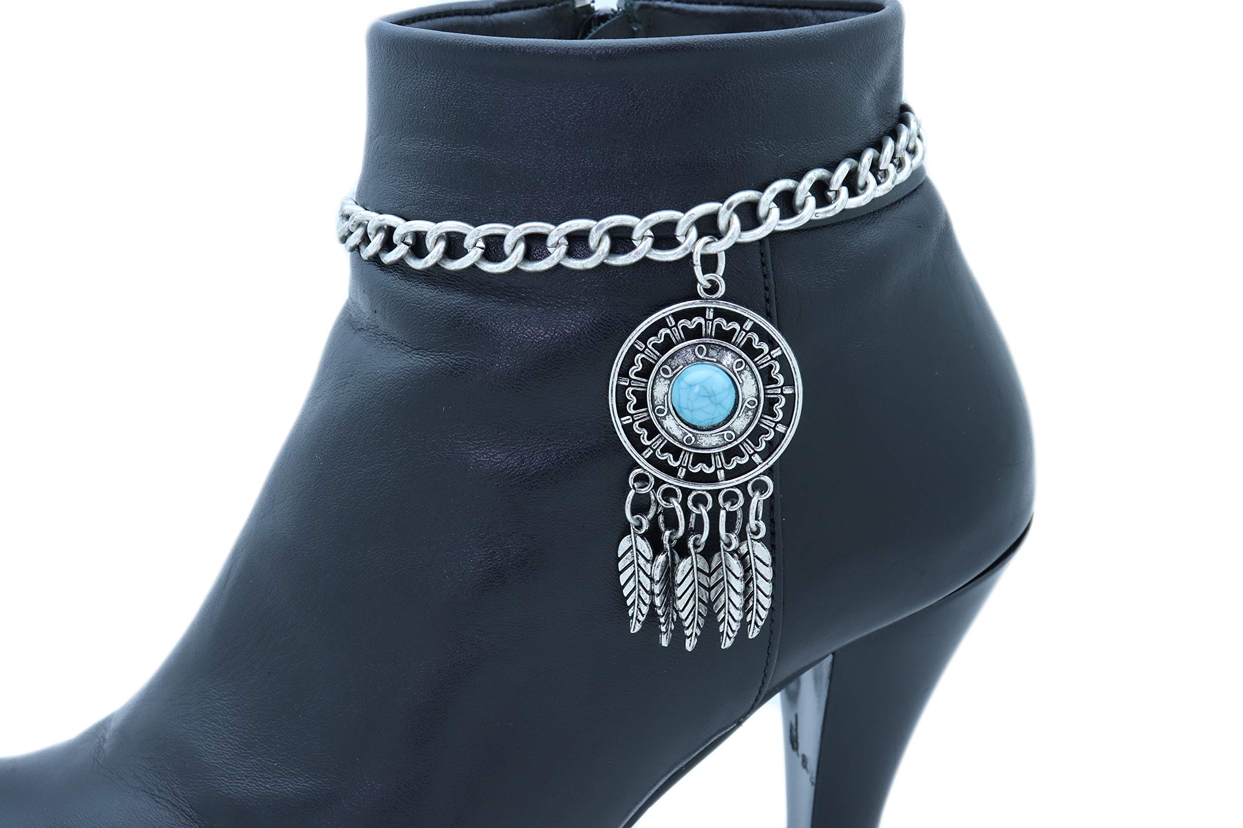 TFJ Women Western Fashion Jewelry Boot Bracelet Silver Metal Chain Shoe Native Style Feather Charm Turquoise Blue