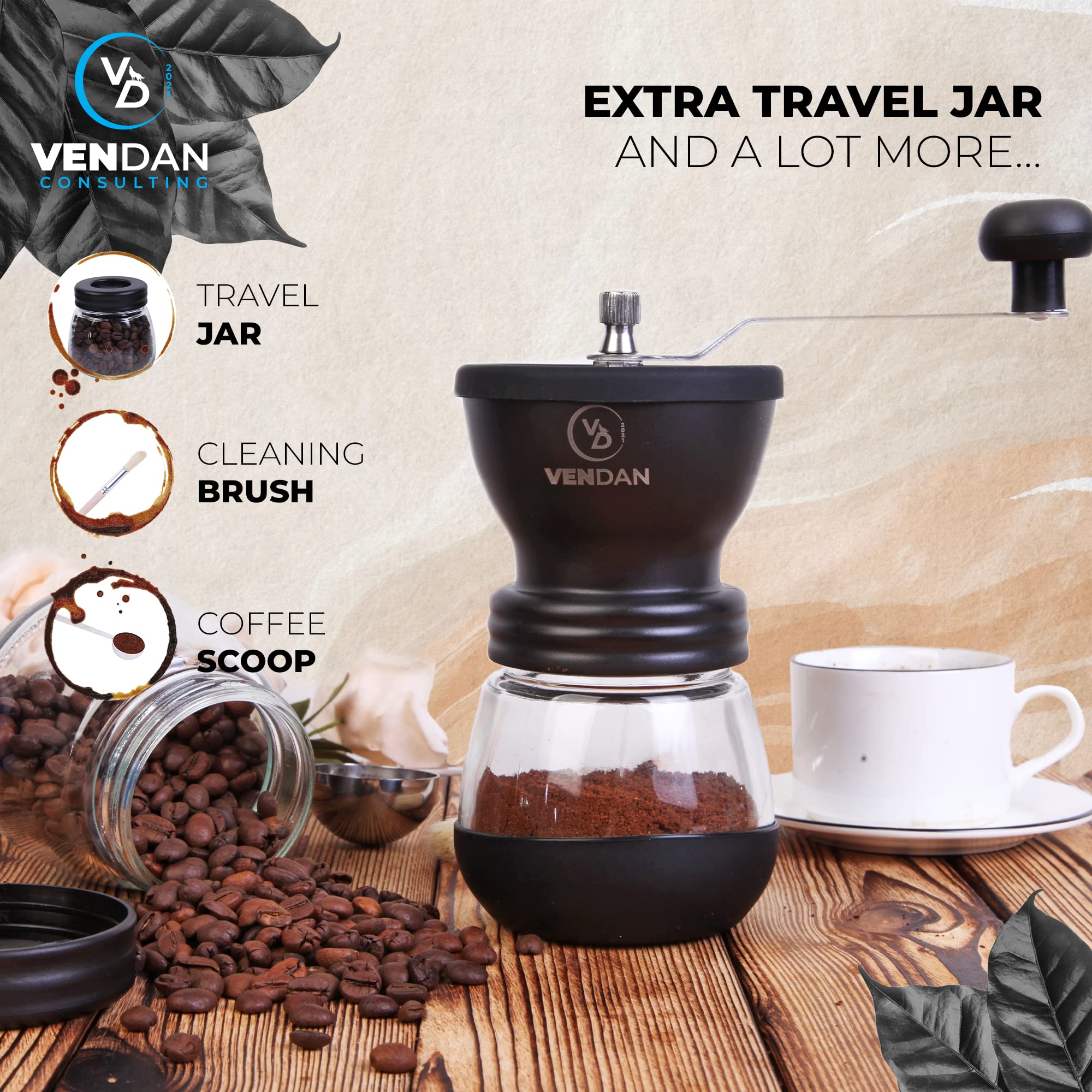 VenDan Manual Coffee Grinder - Hand Crank Coffee Grinder with Travel Jar - Coffee Bean Grinder - Incl. Coffee Scoop & Cleaning Brush - Molino de Cafe