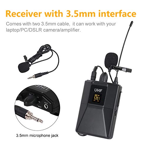 XTUGA X-CM012 UHF Dual Wireless Lavalier Microphone, UHF Lapel Mic System with 16 Selectable Channels Come with Two 3.5mm Cables up to 164ft Range for DSLR Camera/DV/Camcorders/Audio Recorder