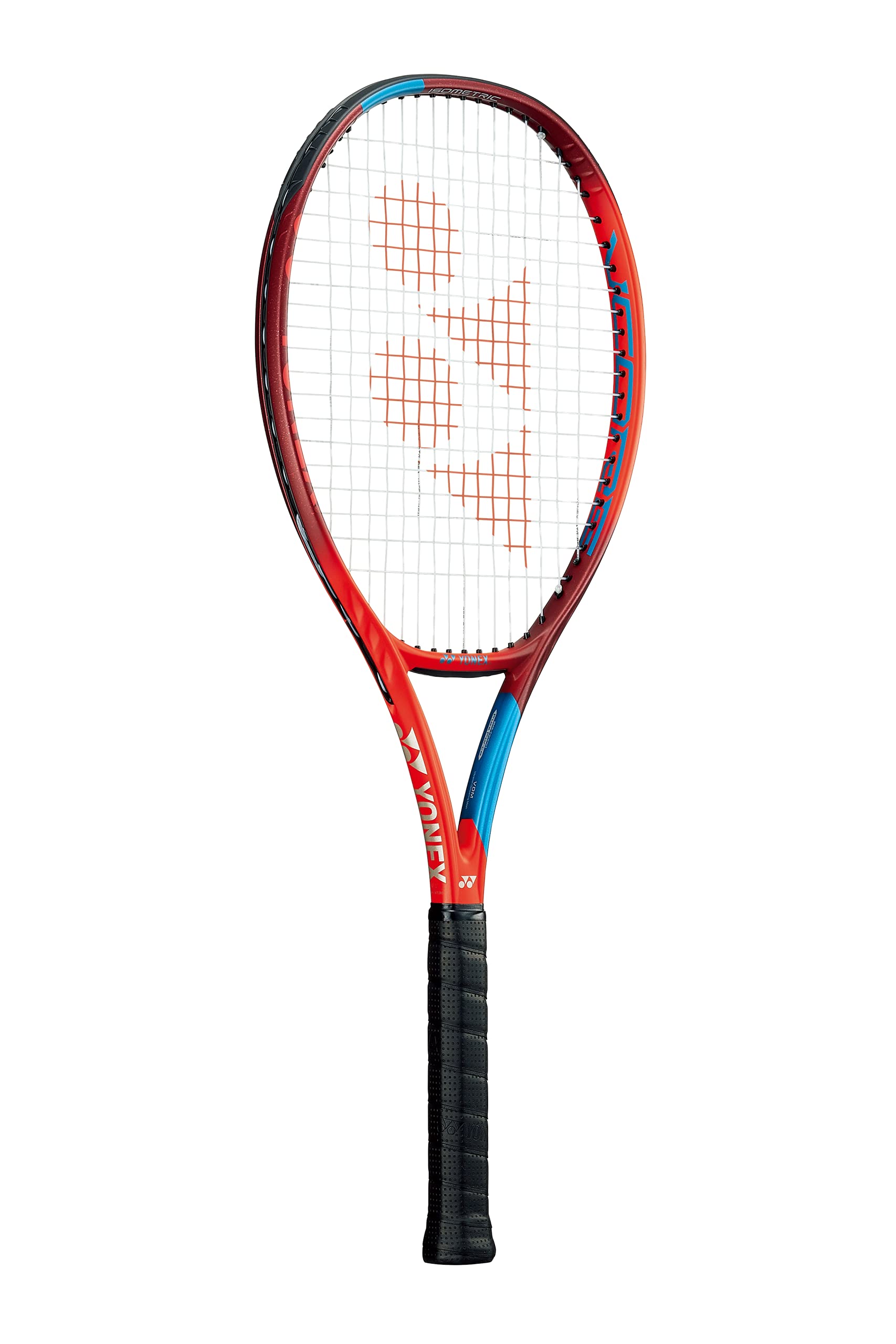 YONEX VCORE 100+ 6th Gen Tango Red Tennis Racquet (4 1/2" Grip) Strung with Black Synthetic Gut Racket String - 16x19 String Pattern