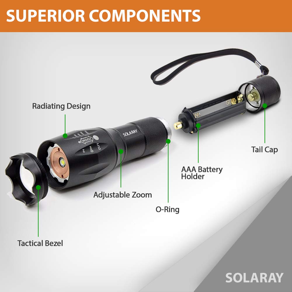 Solaray Handheld LED Tactical Flashlight – Professional Series ZX-1 - Bright High Lumen Flashlight - 5 Light Modes, Adjustable Zoom, Water Resistant - Perfect for Camping Fishing Emergency