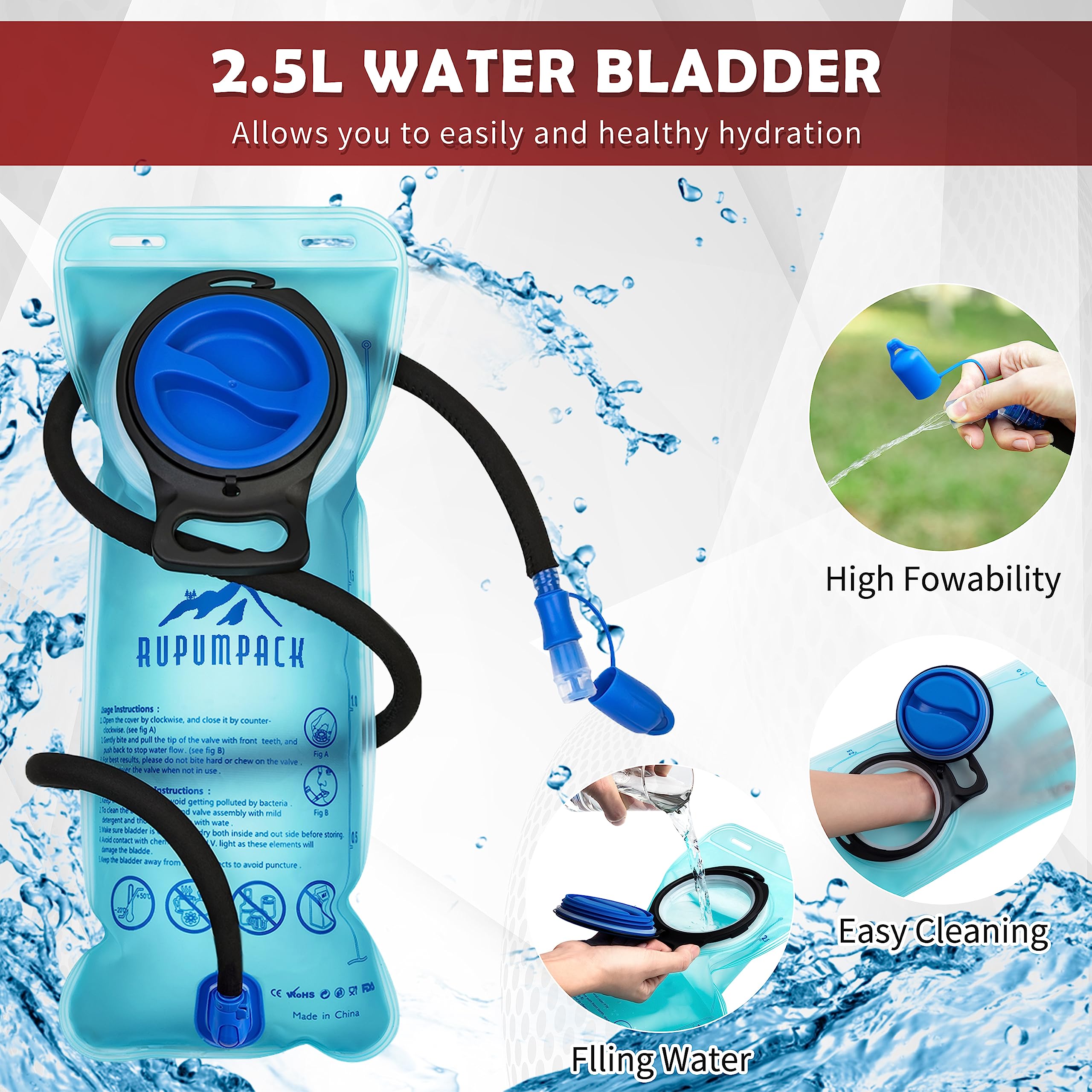 RUPUMPACK 18L Hiking Hydration Backpack - Insulated Hiking Backpack with 2.5L Water Bladder - Waterproof Water Backpack with Storage for Hiking