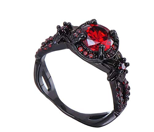 Womens Green Stone Round Lab Stone Engagement Wedding Best Friend Christmas Black Gold Plated Wedding Rings for Her Size 5-11 (Red, 11)