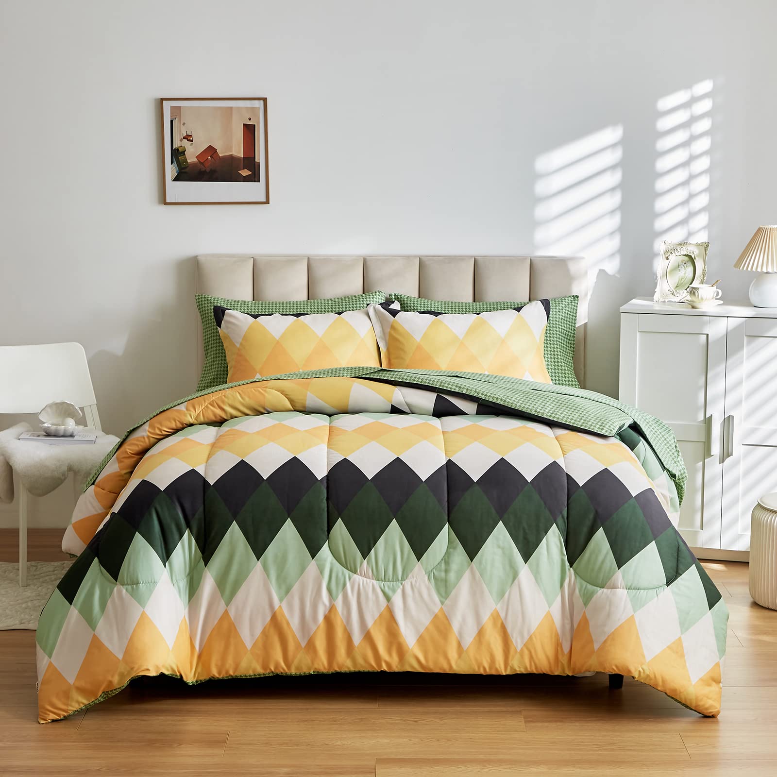 UOZZI BEDDING Rhombus Comforter Sheet Set 7 Pieces Bed in a Bag White Green Yellow Diamond King Size (1 Comforter 2 Pillow Shams 1 Flat Sheet 1 Fitted Sheet 2 Pillowcases)