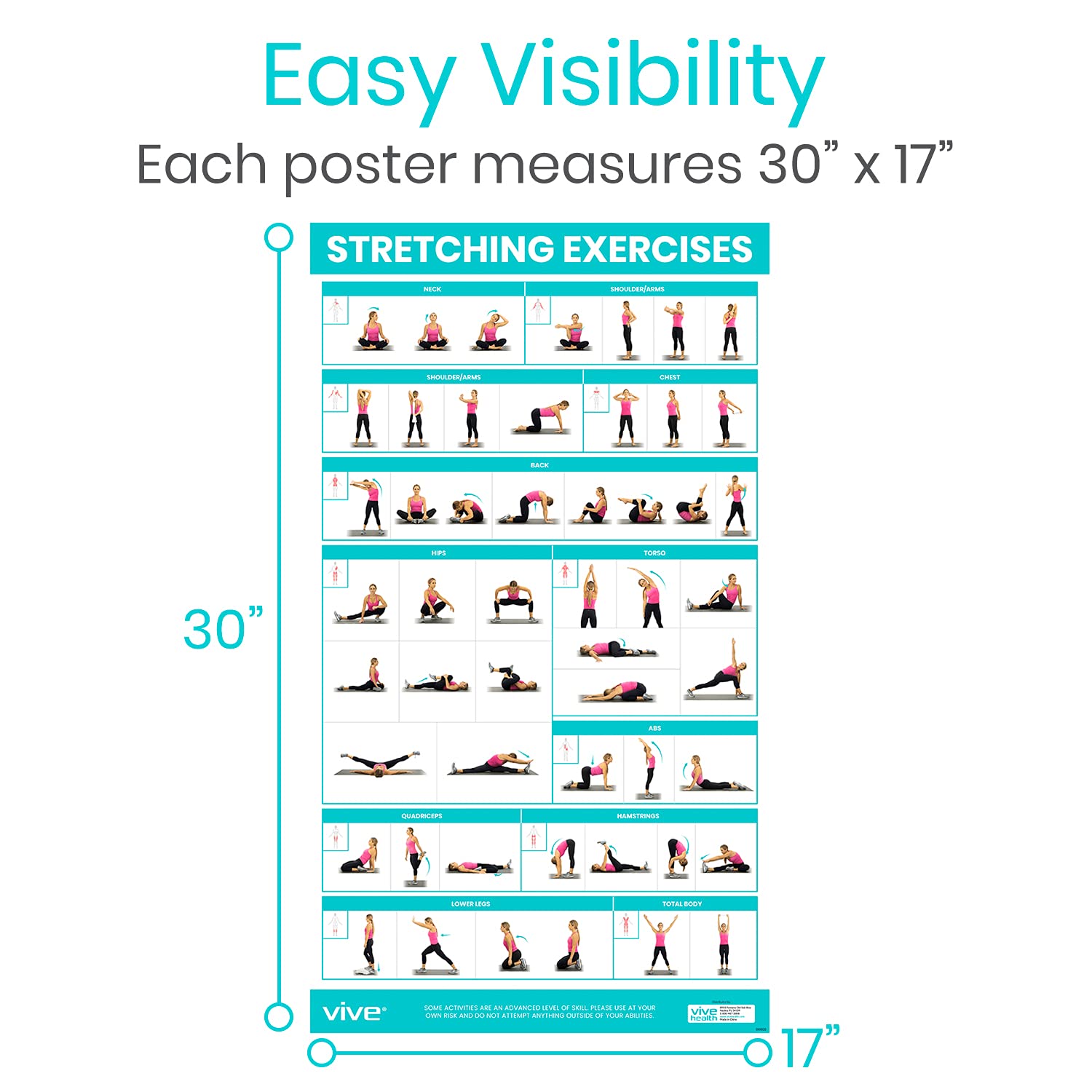Vive Yoga Poses + Stretching Exercises + Resistance Band Workouts Poster for Home Gym (3 Pack) - 149 Illustrations for Flexibility, Strength, Core, Exercising, Pilates Mat - Work Chart Set, Laminated 30" x 17"