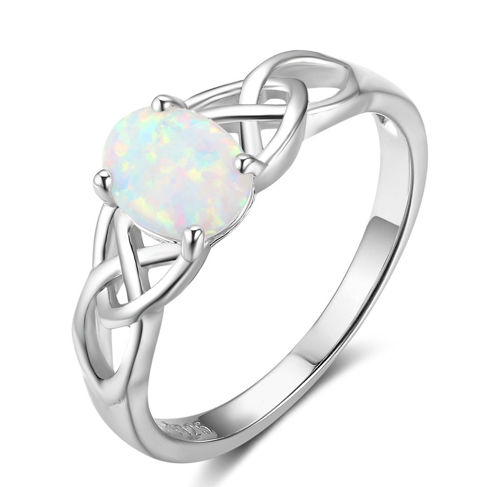 SILBERTALE Cute Opal Rings 925 Sterilng Silver Lab Created Opal Band March Birthstone Midi Finger Wedding Band Statement Rings For Women Size 8