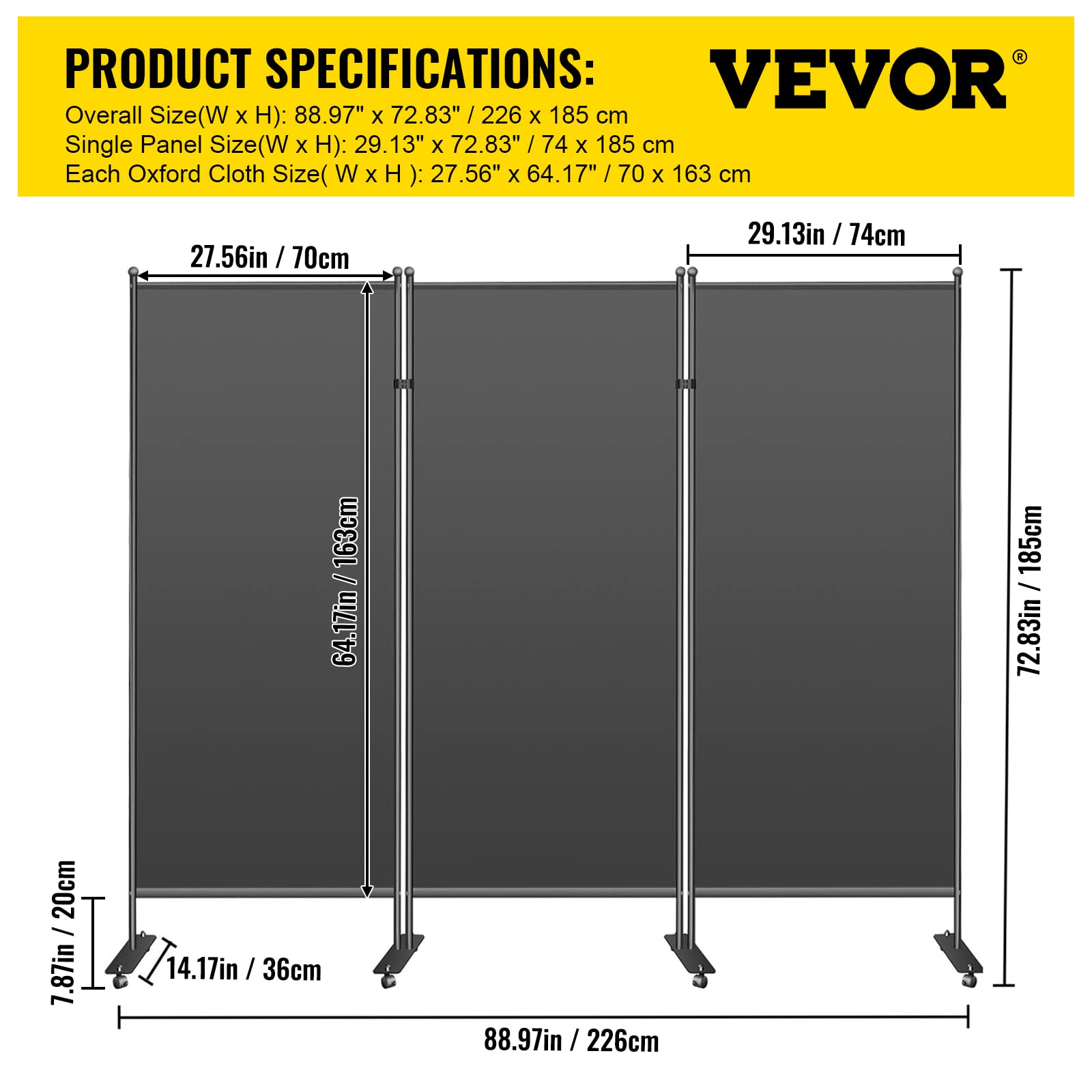 VEVOR Room Divider 6ft, Room Divider Wall 3 Panels, Partition Room Dividers 89"x73", Folding Room Divider, Panel Room Divider, Folding Privacy Screen with Wheels (Black) for Home, Dorm, Office