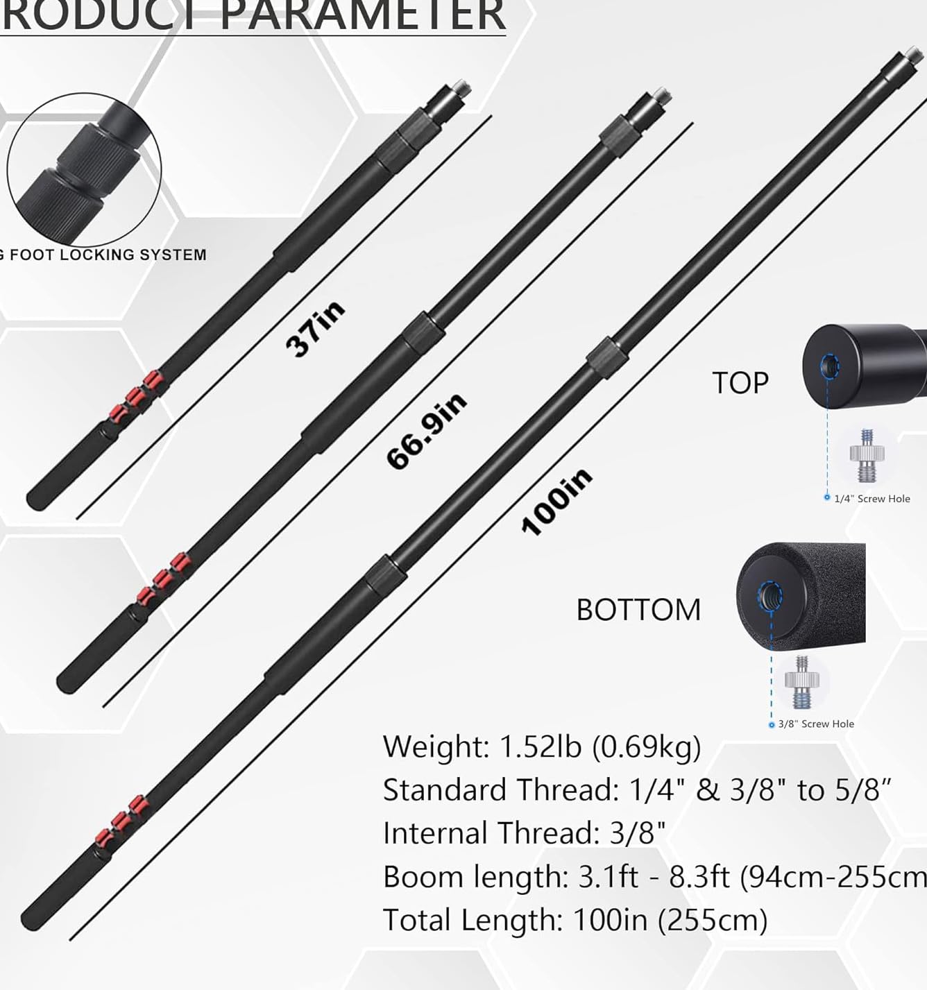 VIVEMCE Boom Pole for Shotgun Mic, Professional Boom Mic Pole for Video Recording,3-Section Extendable Rod From 3.1ft to 8.3ft Adjustable Length with 1/4" and 3/8" to 5/8" Threads