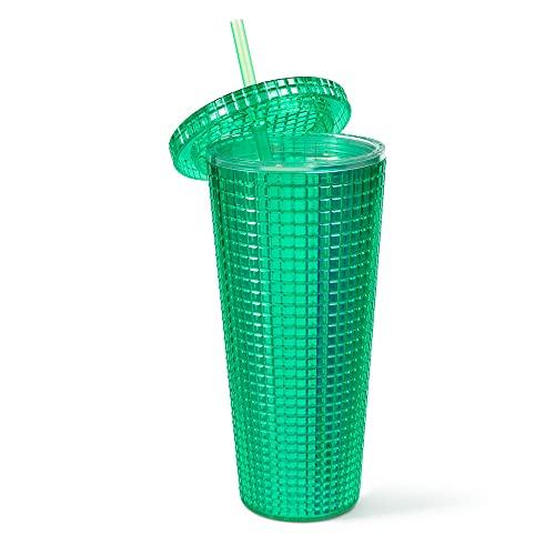 WEST & FIFTH Grid Plastic Cold-Cup Tumbler with Straw, Iridescent Semi-Transparent Square-Textured Cup, BPA-Free Double-Wall Cup for Iced Coffee, Cold Drinks, or Water, 24oz., Mint