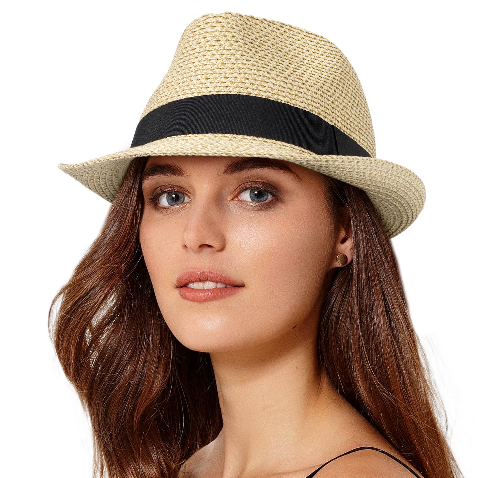 Womens Short Brim Straw Sun Hat Fedora Trilby Hat Panama Men Roll Up Packable Beach Hats…