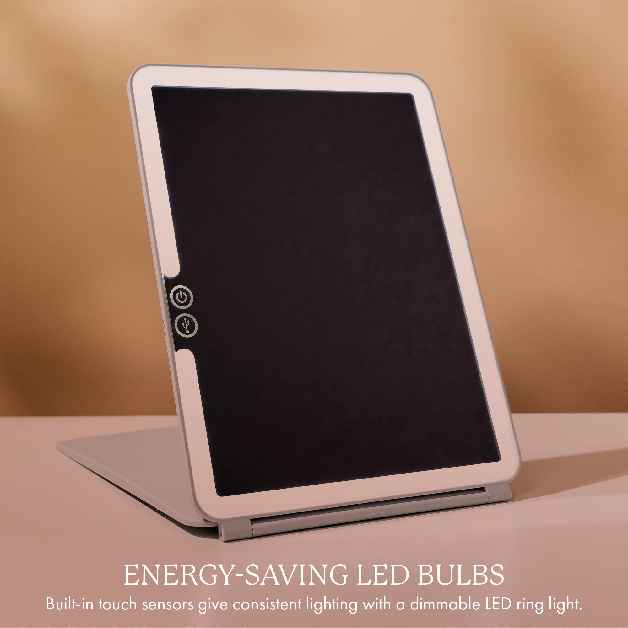 Vanity Planet LED Travel Handheld Vanity Mirror, Pose 3 LED Colors for Consistent Lighting with Dimmable Ring Light - Built-in Touch Sensors with Rechargeable Micro-USB - White