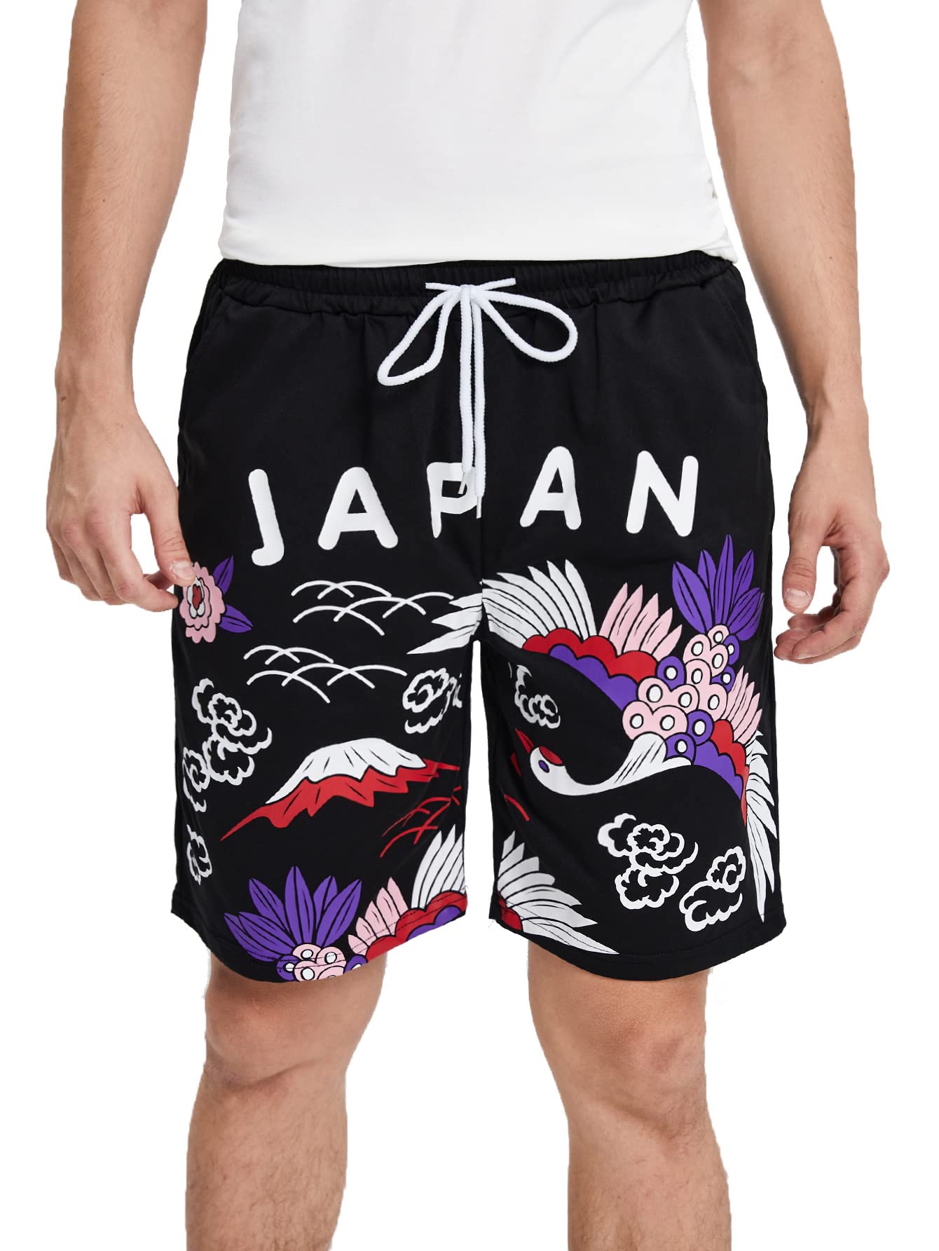 WDIRARA Men's Japanese Letter Graphic Print Drawstring Waist Active Shorts with Pocket Multicolor Black S