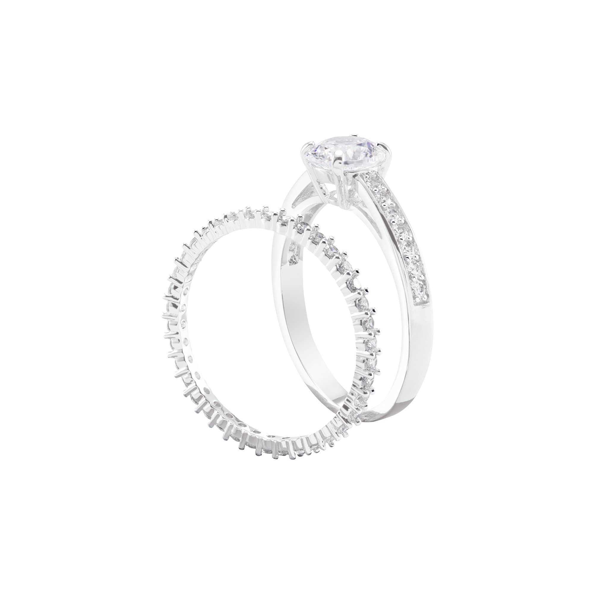 SWAROVSKI Stilla Attract Ring Set, Round Clear Crystal Center Stone with Clear Crystal Pavé on a Rhodium Plated Setting and a Second Stackable Ring, Size 6