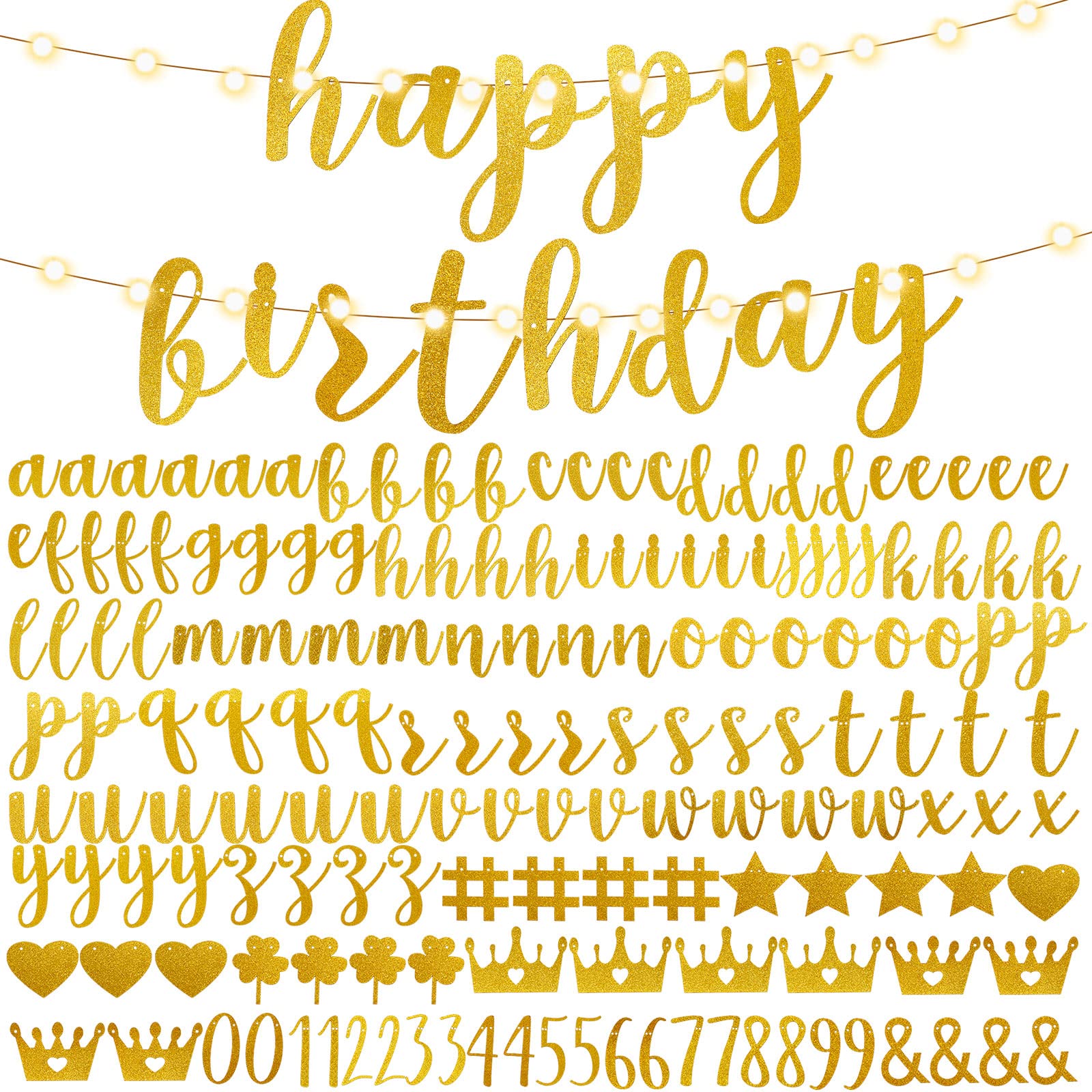 TaoBary 167 Pcs DIY Banner Kit Glitter Customizable Birthday Banner Glitter Make Your Own Banner Kit 162 Letters Symbols and Numbers 2 String Lights 3 Rope for Birthday Wedding(Gold)