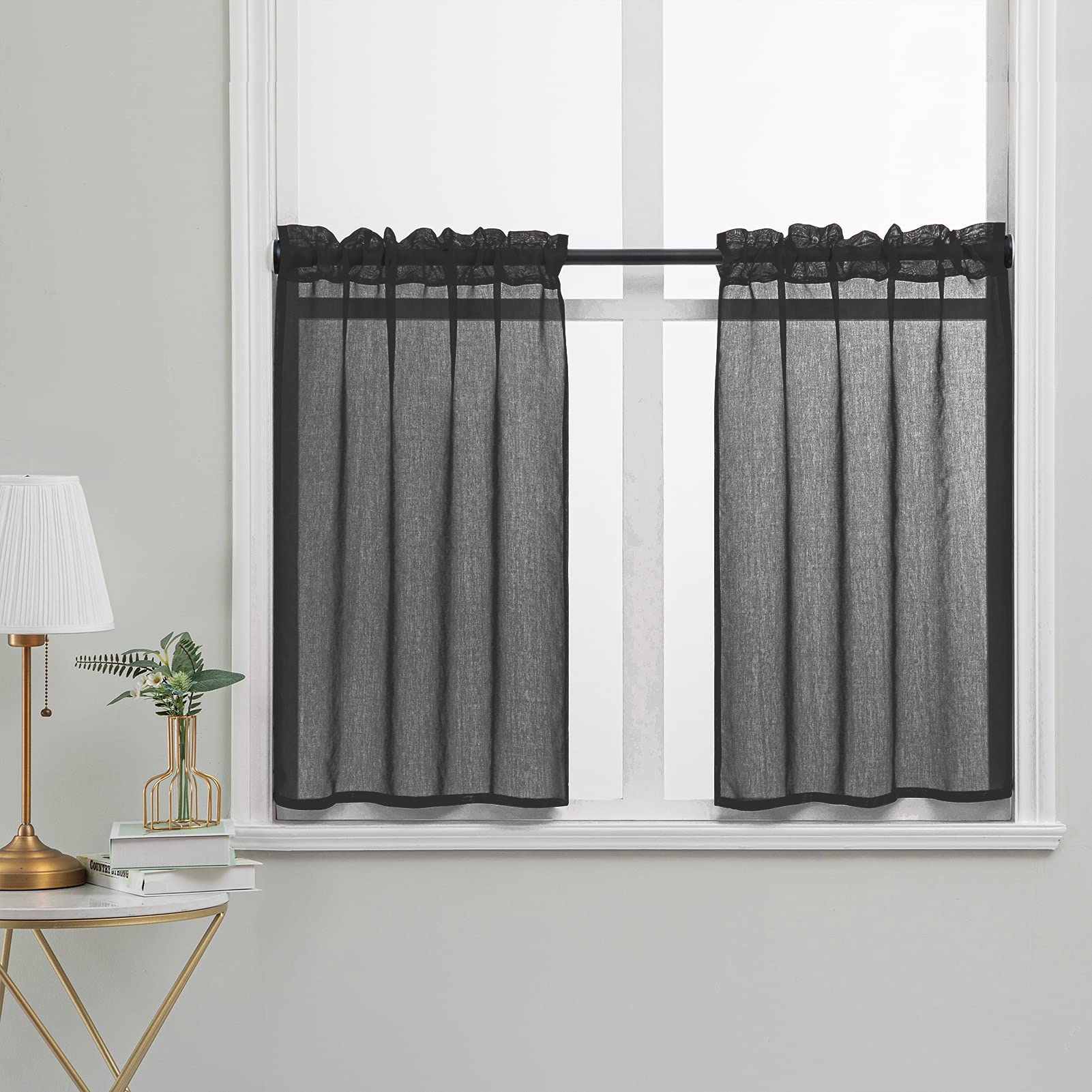 YOKISTG Sheer Kitchen Curtains 36 Inch Length Solid Rod Pocket Tier Curtains for Cafe Bathroom Basement Small Window, Black, 2 Panels