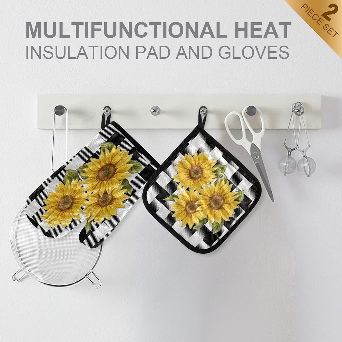 Sunflower Black White Buffalo Plaid Oven Mitts and Pot Holders Yellow Floral Lumberjack Check Cooking Gloves Kitchen Trivet Mats 2-Piece Set Non-Slip Heat Resistant Pad for Baking BBQ Home Decor