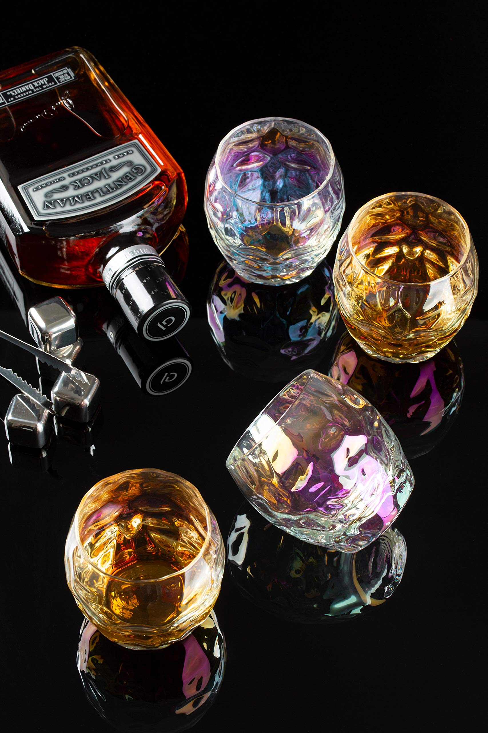 Verolux Iridescent Whiskey Glasses - Scotch, Bourbon, Liquor and Cocktail Drinks - Rainbow-colored, Premium Crystal Glasses, Thick Heavy Base - Set of 4, 12 oz
